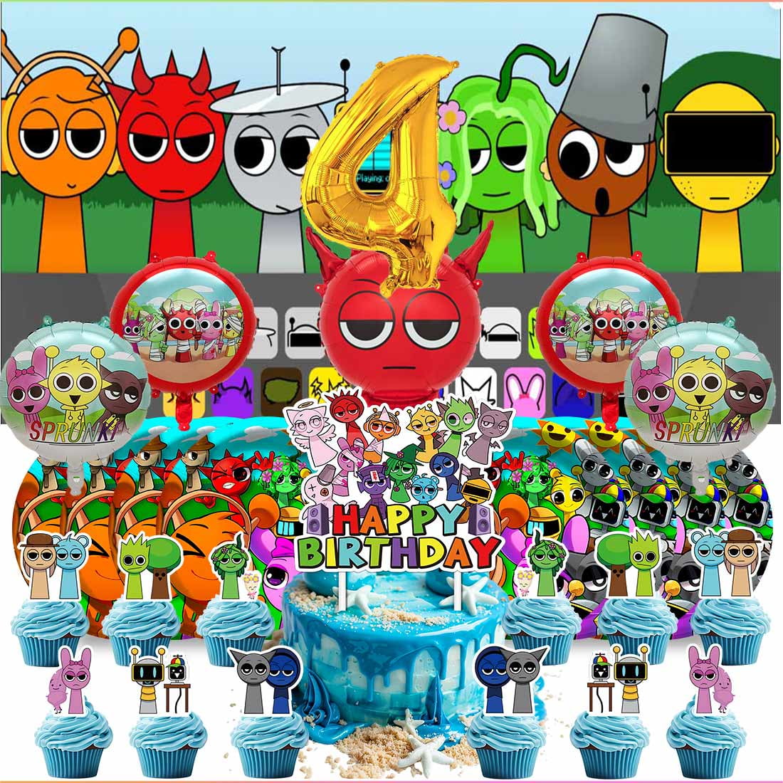 Incredibox Sprunki 4th Tableware Balloons Cake Toppers Backdrop Banner ...
