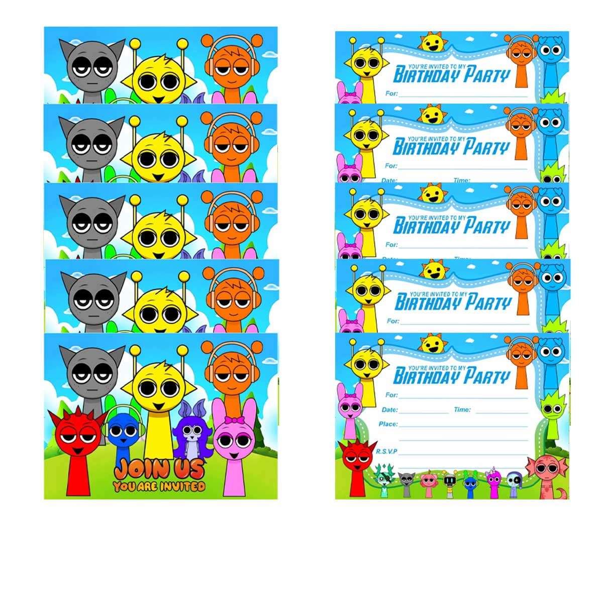 Incredibox Sprunki Invitations Cards Stock Bulk Birthday Invite Fill-in ...