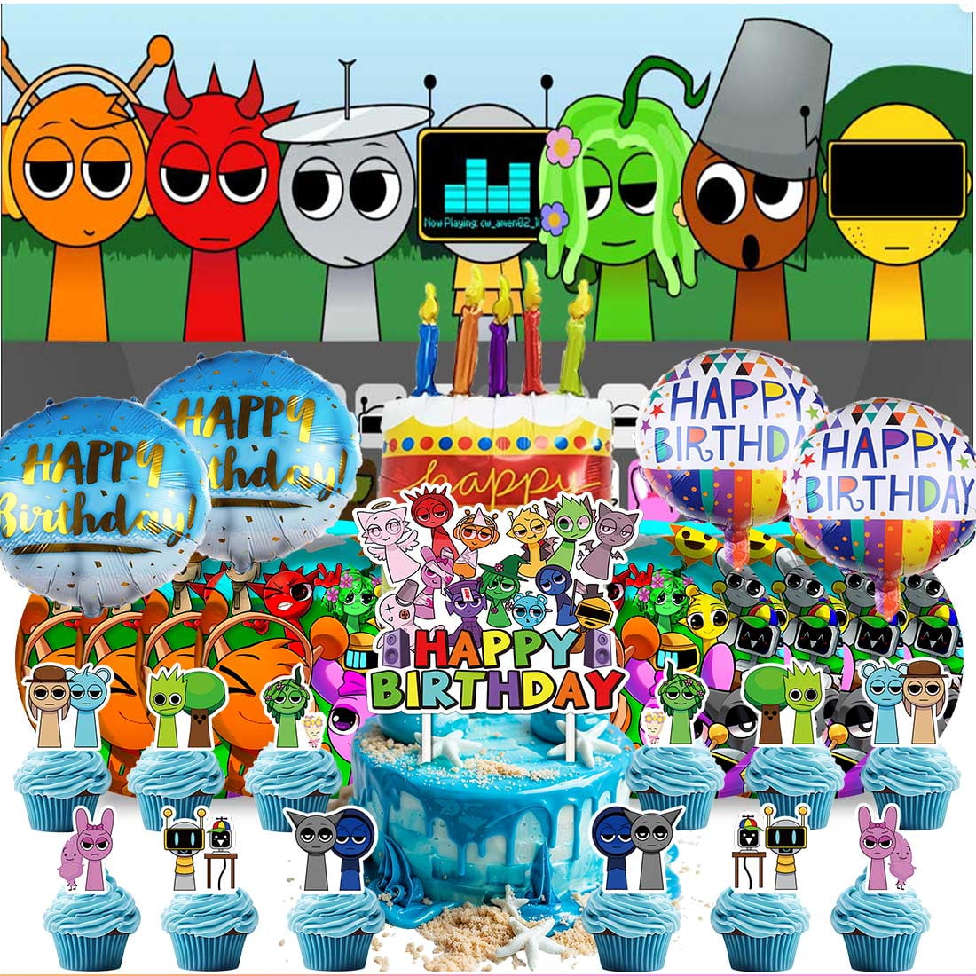 Incredibox Sprunki Supplies Plates Decoration Backdrop Banner Birthday ...