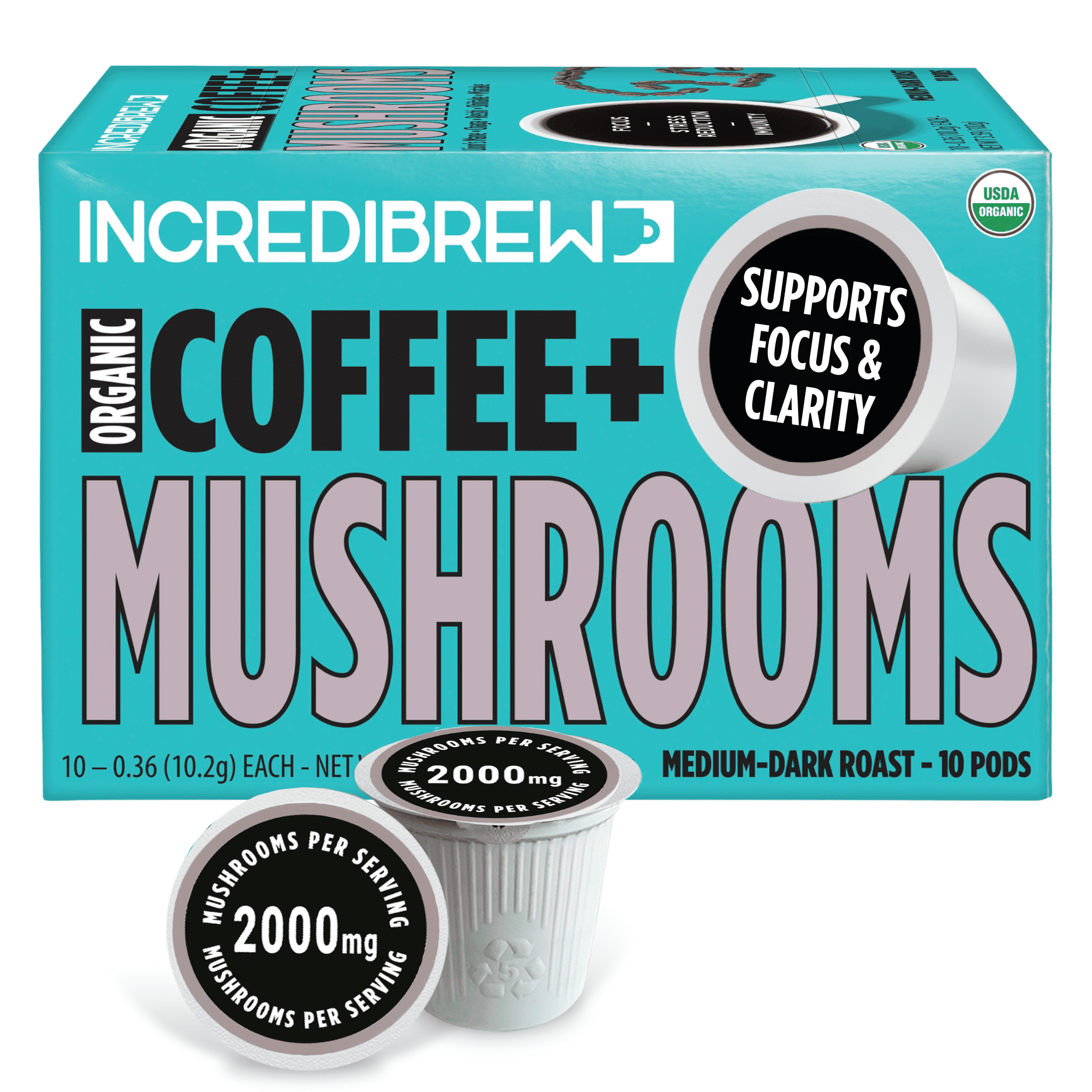 Incredibrew Organic Mushroom Coffee Pods with 2,000 mgs of Mushrooms ...