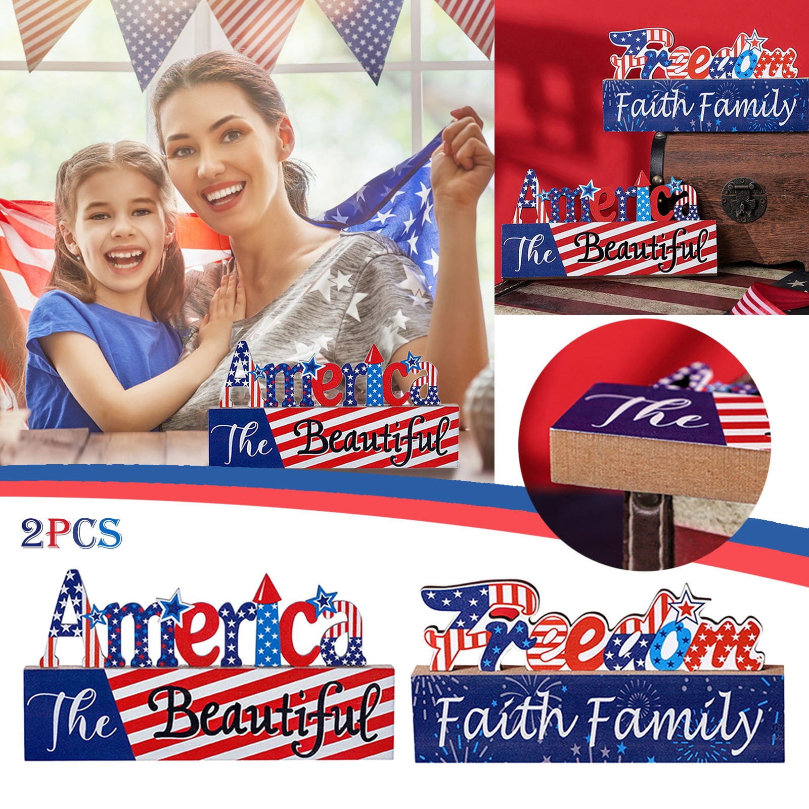 Independence Day 4Th Of July, 2PC Wooden Patriotic Table Decoration ...