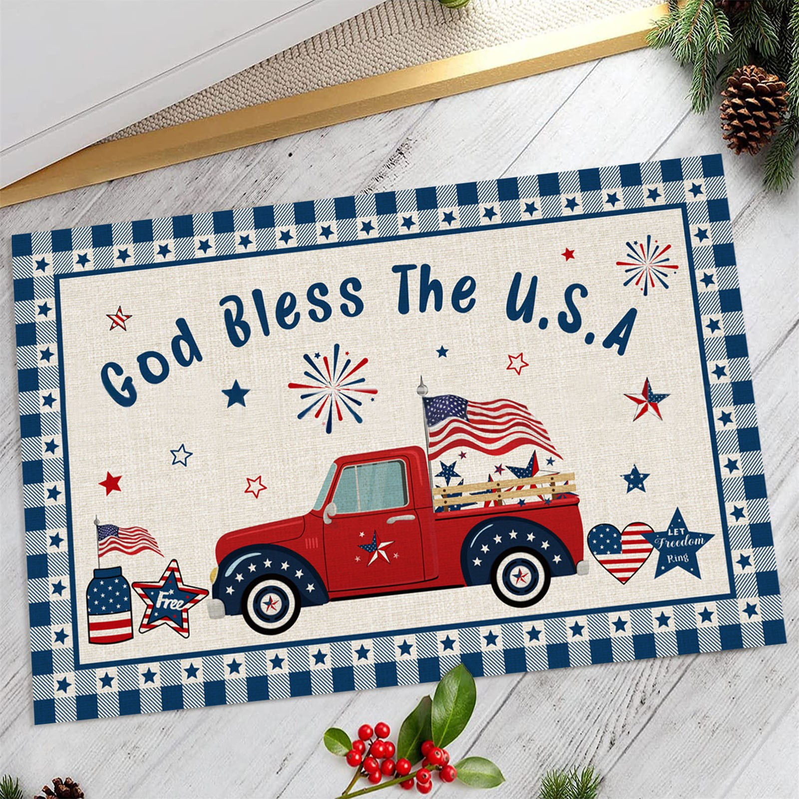 Independence Day 4th of July Patriotic Door Mat US Flag Truck Bouquet ...