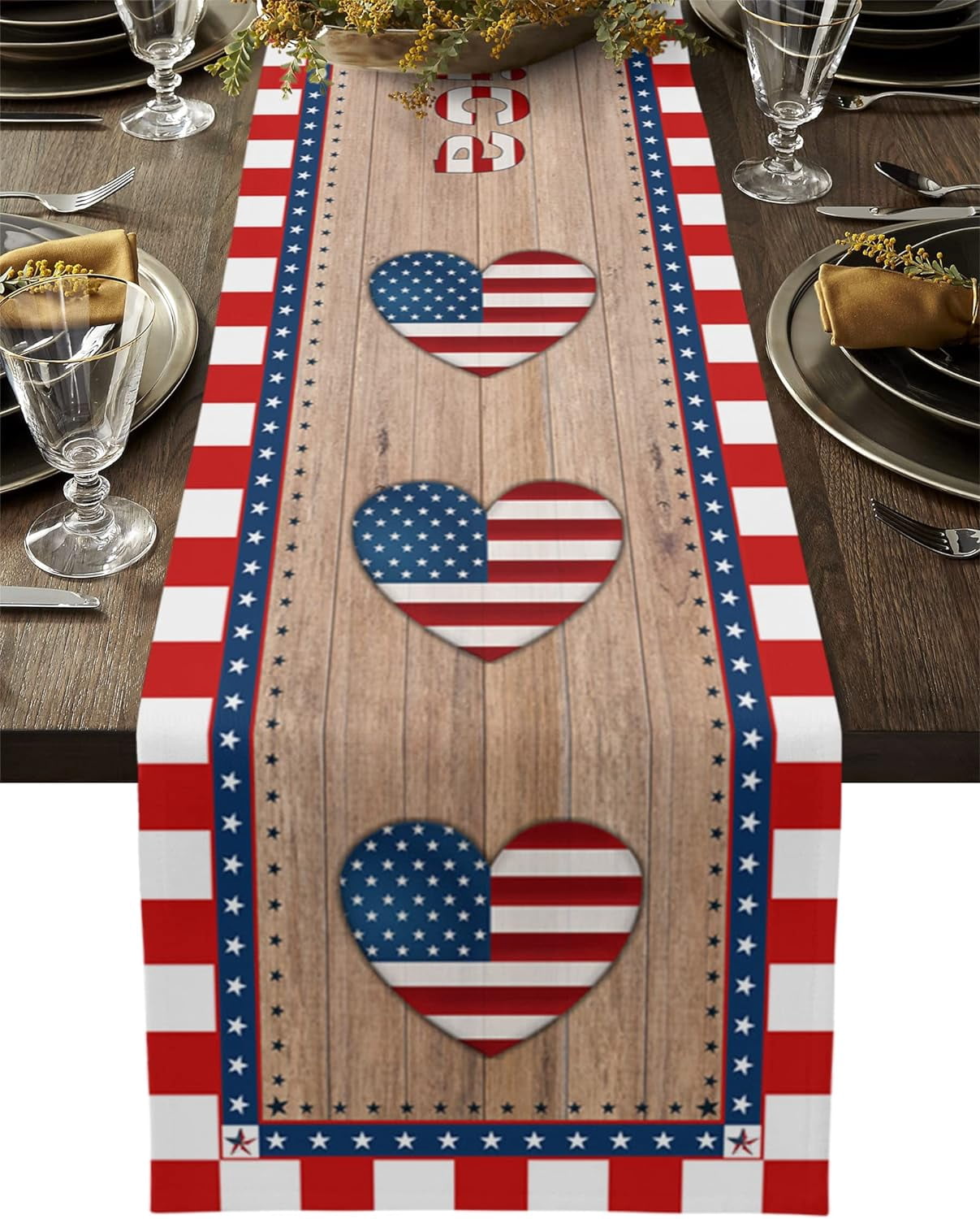 Independence Day American Flag Love Wood Plank Linen Table Runners Red ...