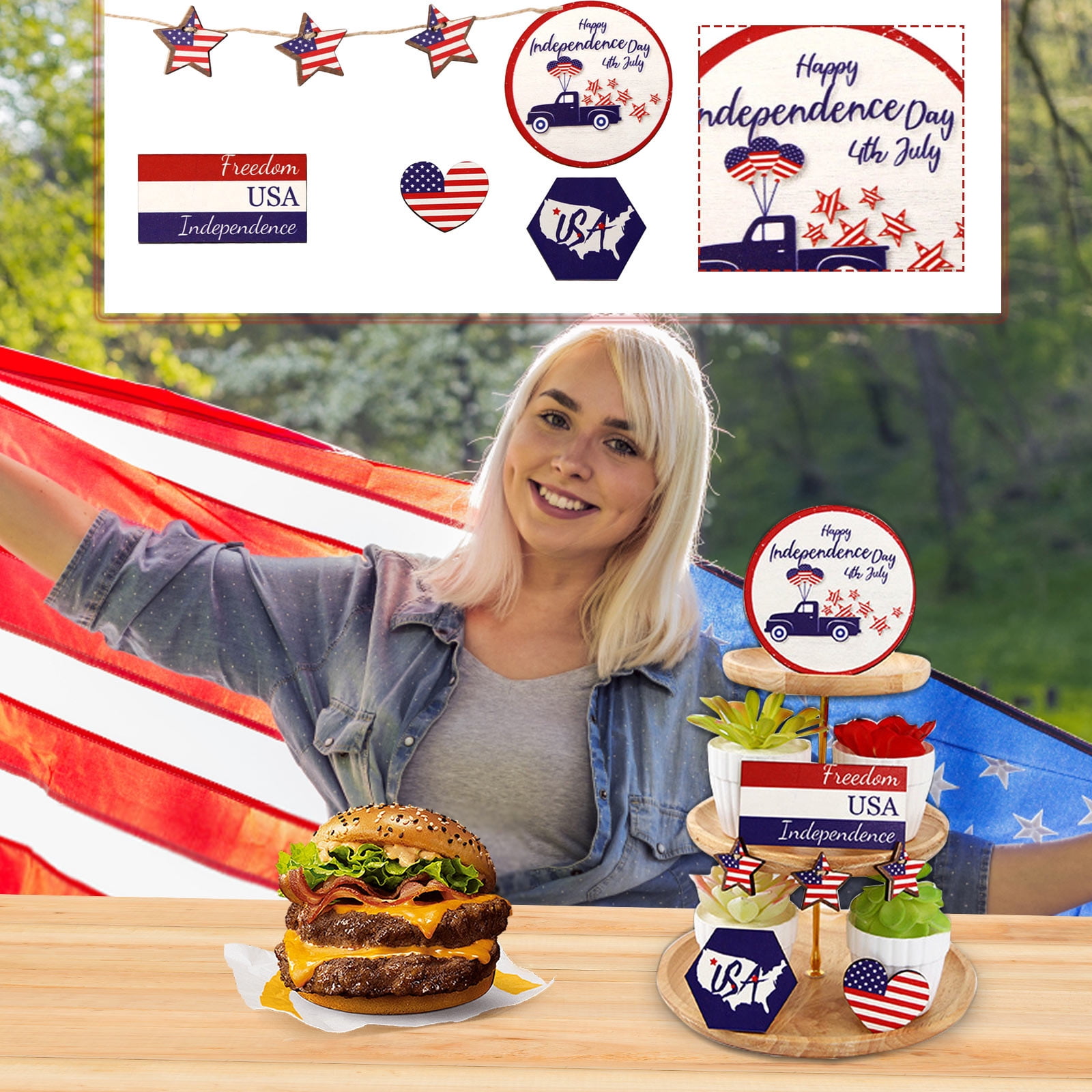 Independence Day American Flag Tiered Tray Stand Wooden 2025 Patriotic ...