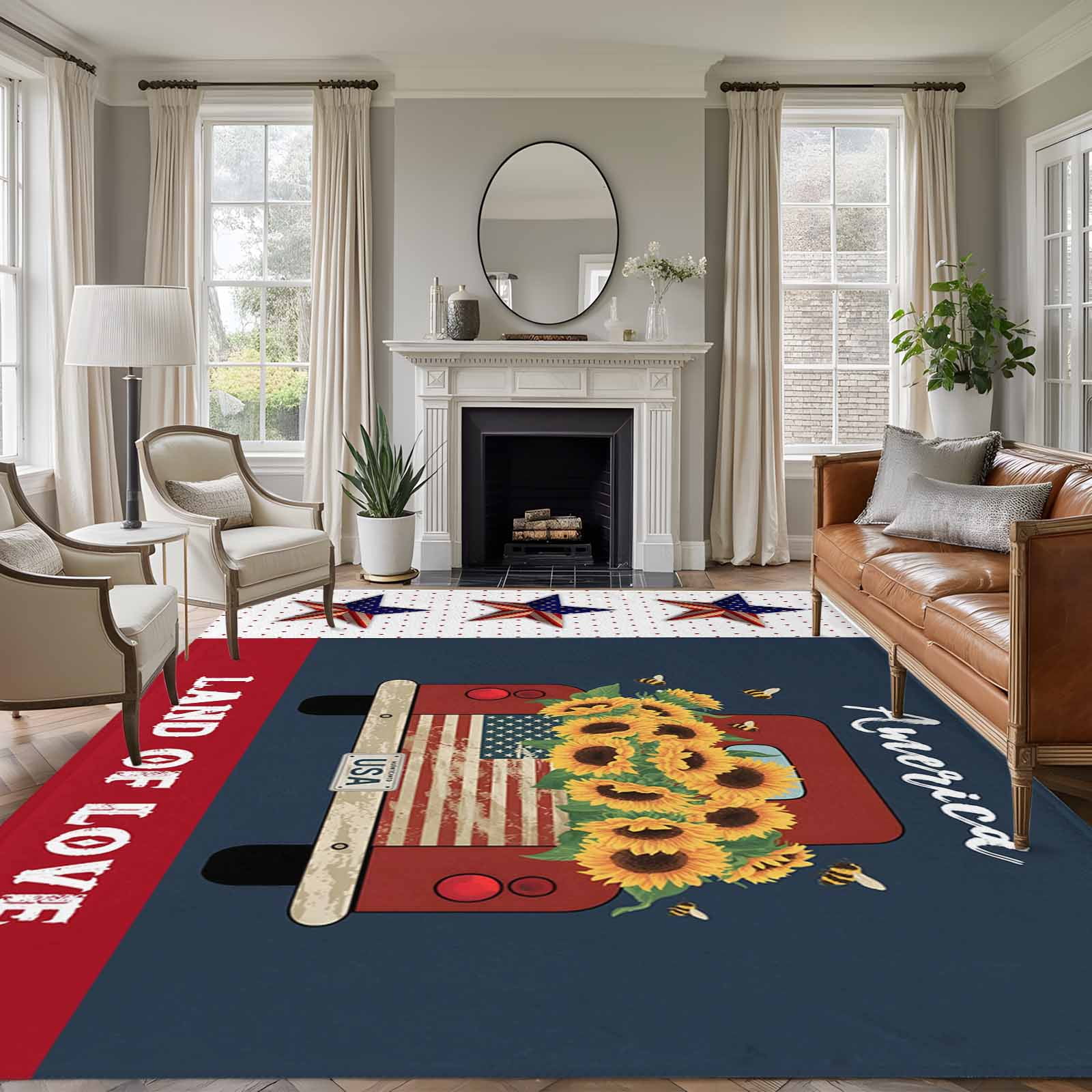 Independence Day Area Rug 6x9 Washable Rug Non Slip Red Truck USA Flag ...