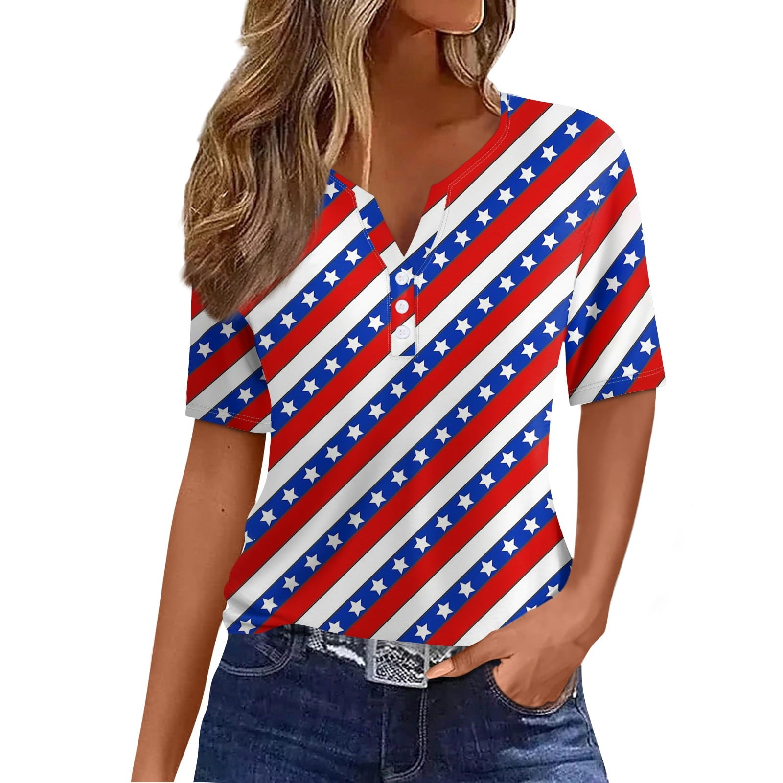 Independence Day Blouses For Women Summer Colorful Stripe Printed Henley Elbow Length Tshirts