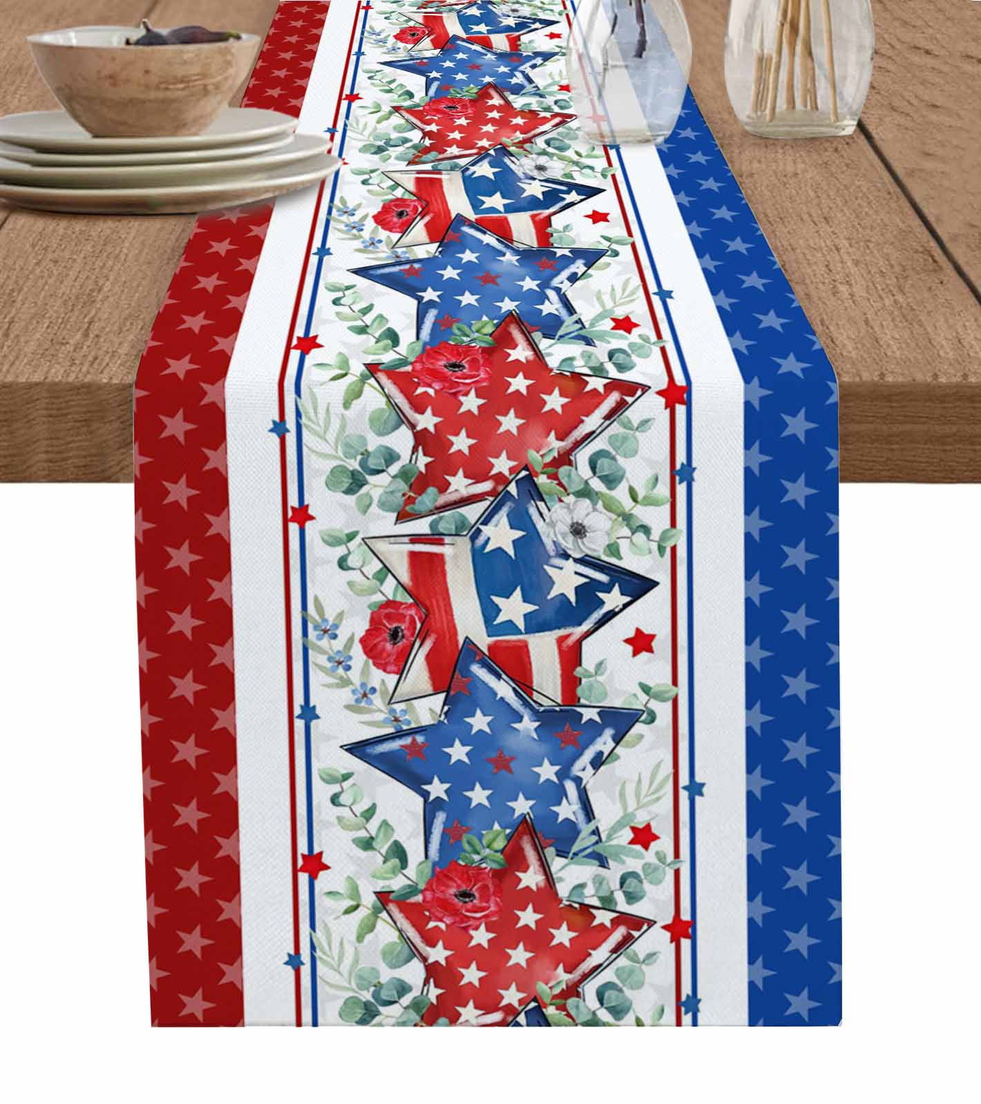 Independence Day Burlap Cotton Table Runner 13x120 Inches Long, Star ...