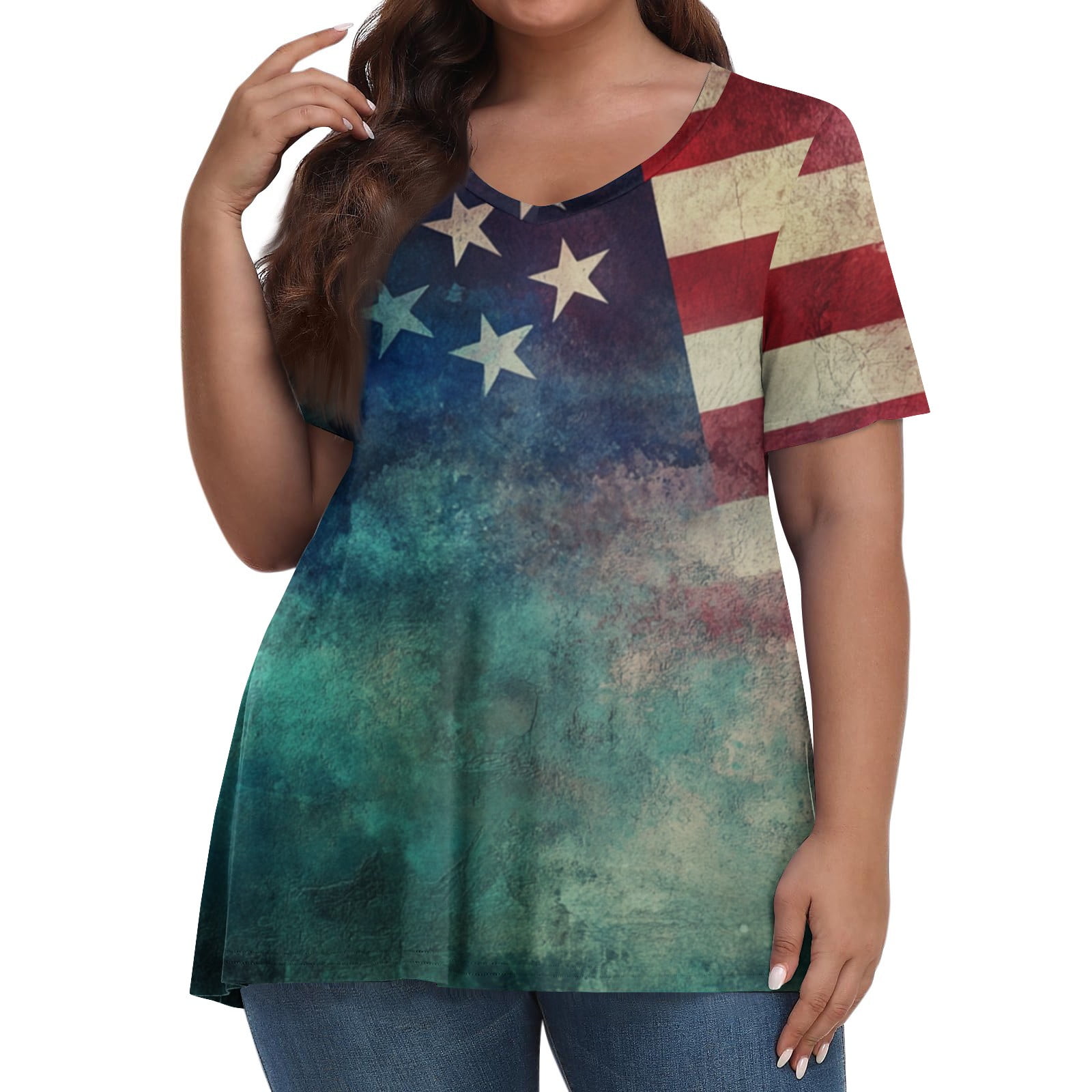 Independence Day Clothes American Flag Plus Size Blouse Short Sleeve V ...