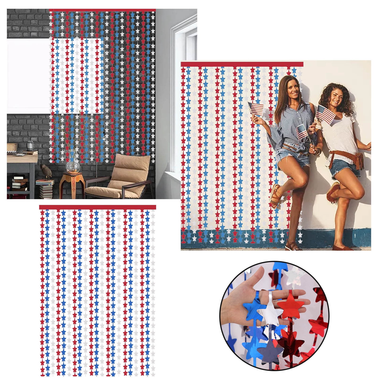 Independence Day Decorations 2M Star Rain Silk Curtain Party Decoration Red Blue Silver Five ...