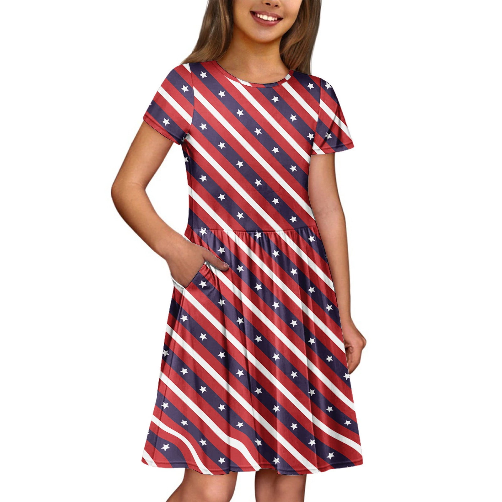 Independence Day Dresses for Girls Size 5-6 Crew Neck Short Sleeve ...