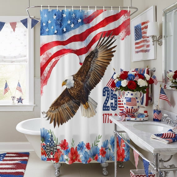 Independence Day Eagle Flower Red Blue Shower Curtain for Bathroom, USA ...