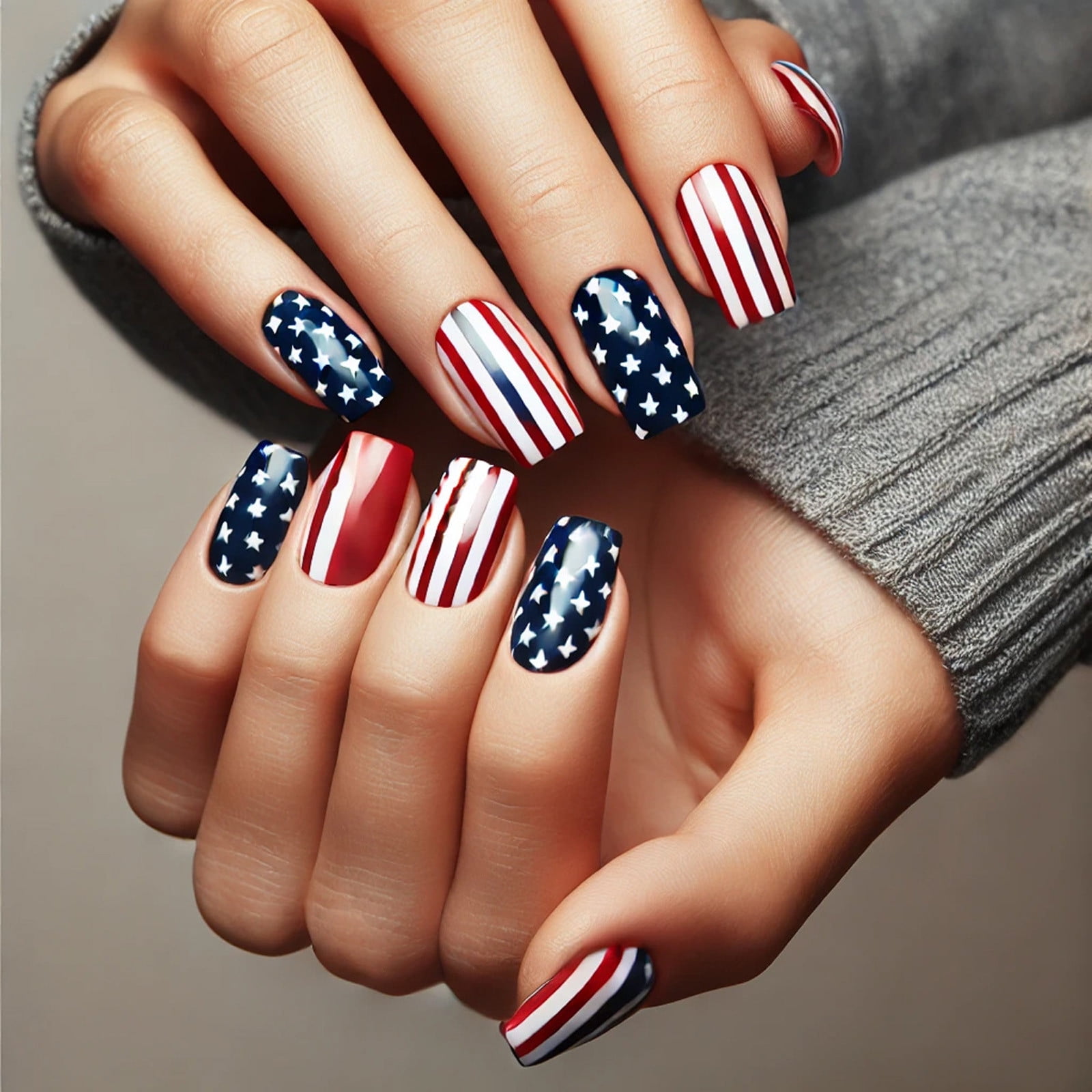 Independence Day Flag Fake Nail Art 24Pcs - Red White Blue Press On ...