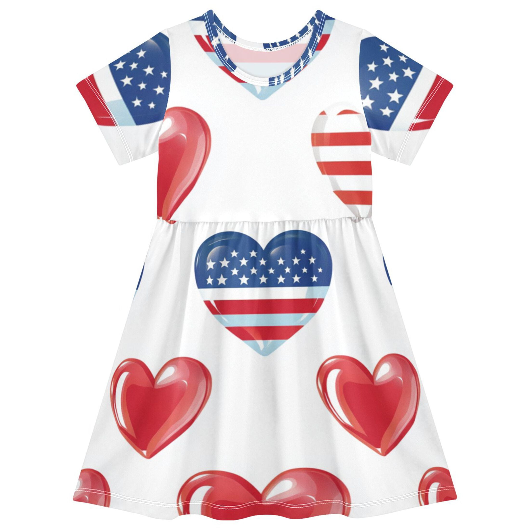Independence Day Flag Pattern Hearts Girls' Short Sleeve Dress A-Line ...