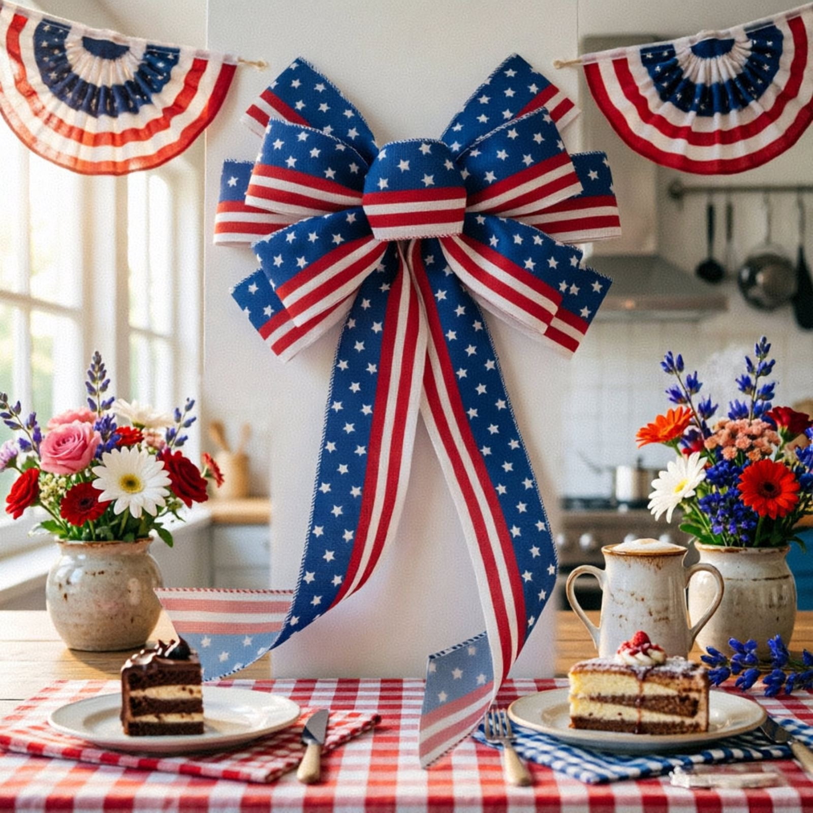 Independence Day Flag Ribbon Bow – Red White Blue Decorative Bow for ...
