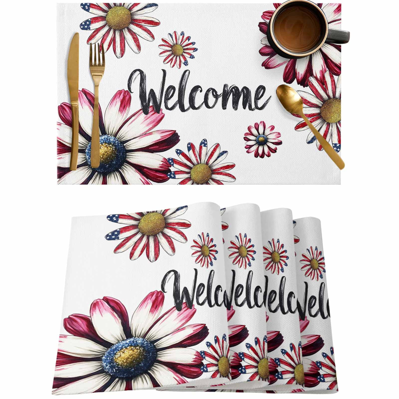 Independence Day Flower Daisy USA Flag Placemats Set of 4,Wipeable ...