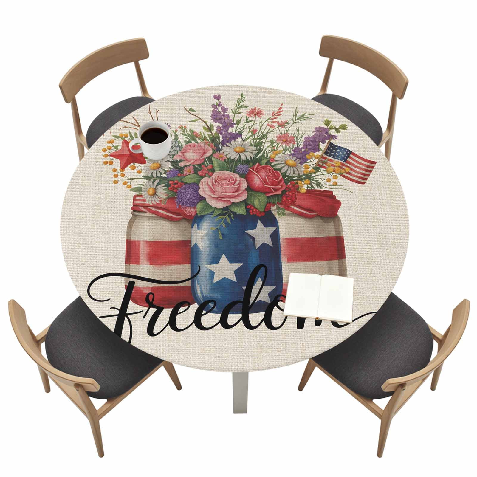 Independence Day Flower Round Fitted Tablecloth with Elastic Edge U.S ...