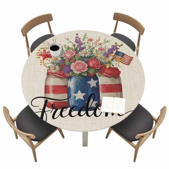 Independence Day Flower Round Fitted Tablecloth with Elastic Edge U.S ...