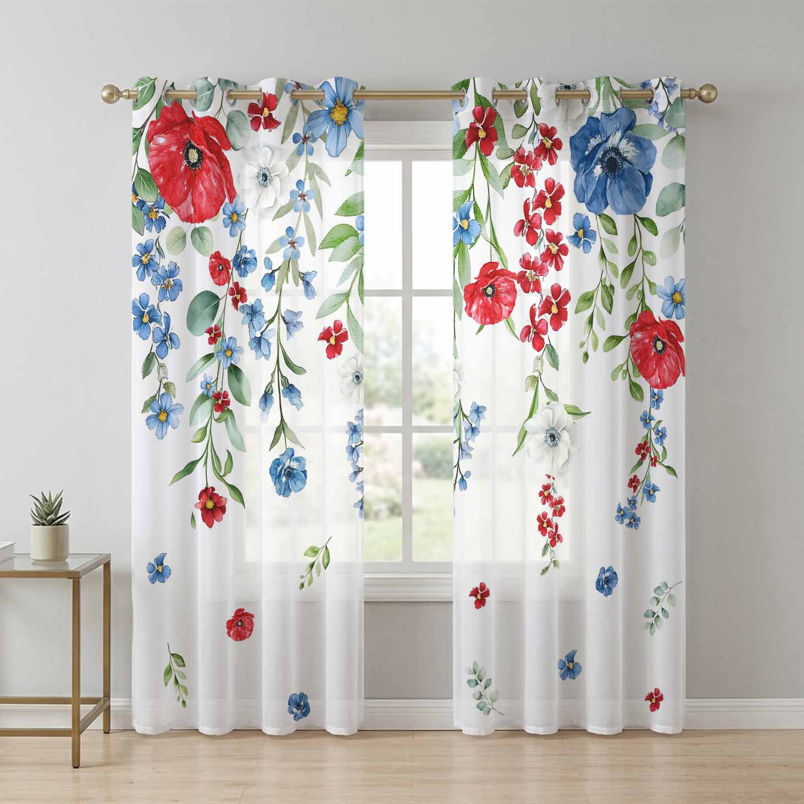Independence Day Flower Sheer Curtains 84 Inch Long 2 Panels, Retro ...