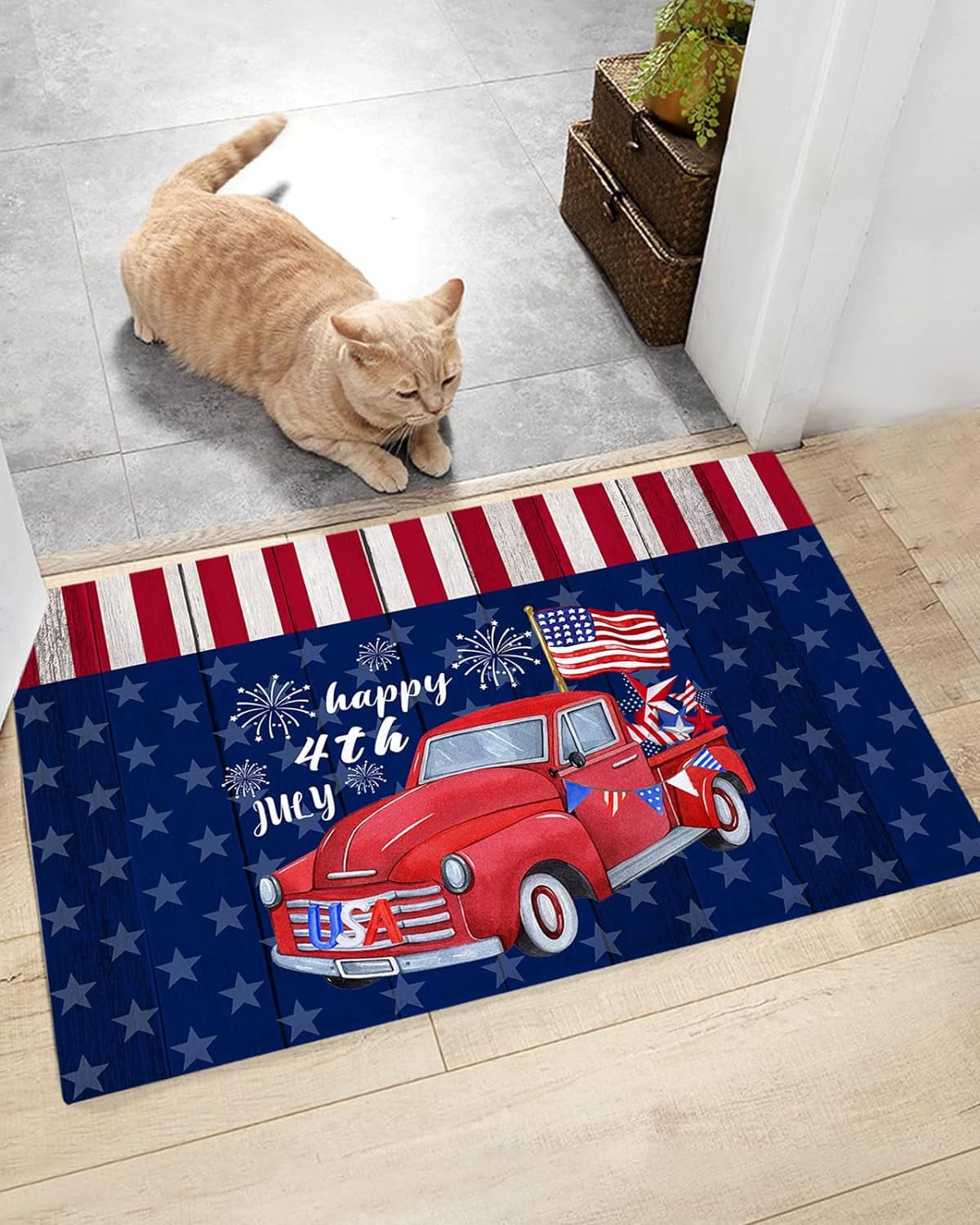 Independence Day Fluffy Shag Bath Mat Farm Red Car USA Flag Area Rugs ...