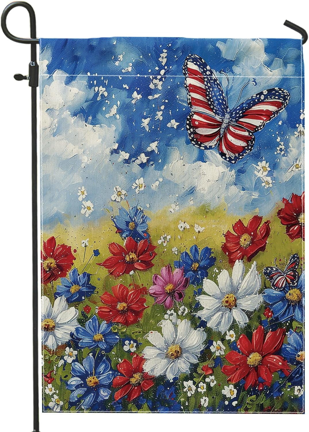 Independence Day Garden Flag Butterfly Watercolor Floral Patriotic Red ...