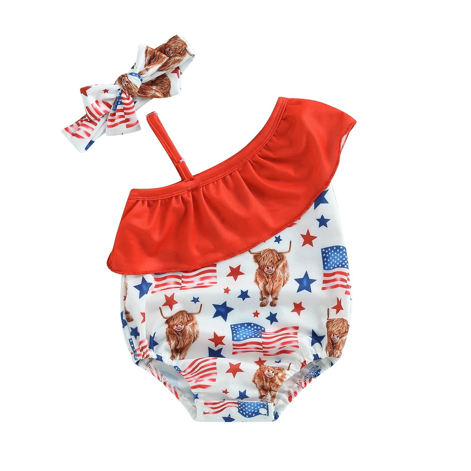 Independence Day Kids Girl Swimsuits Summer Flag Cow Print One Shoulder ...