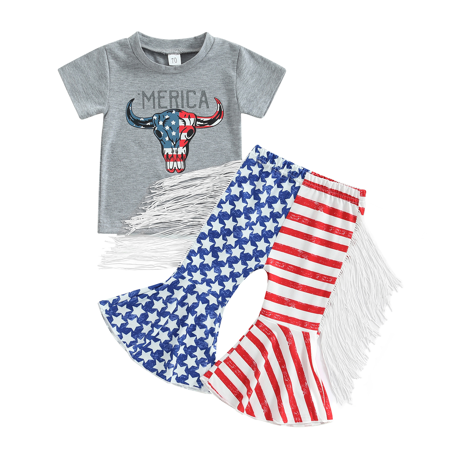 Independence Day Kids Girls Clothes Suits Letter Cow Head Print T ...