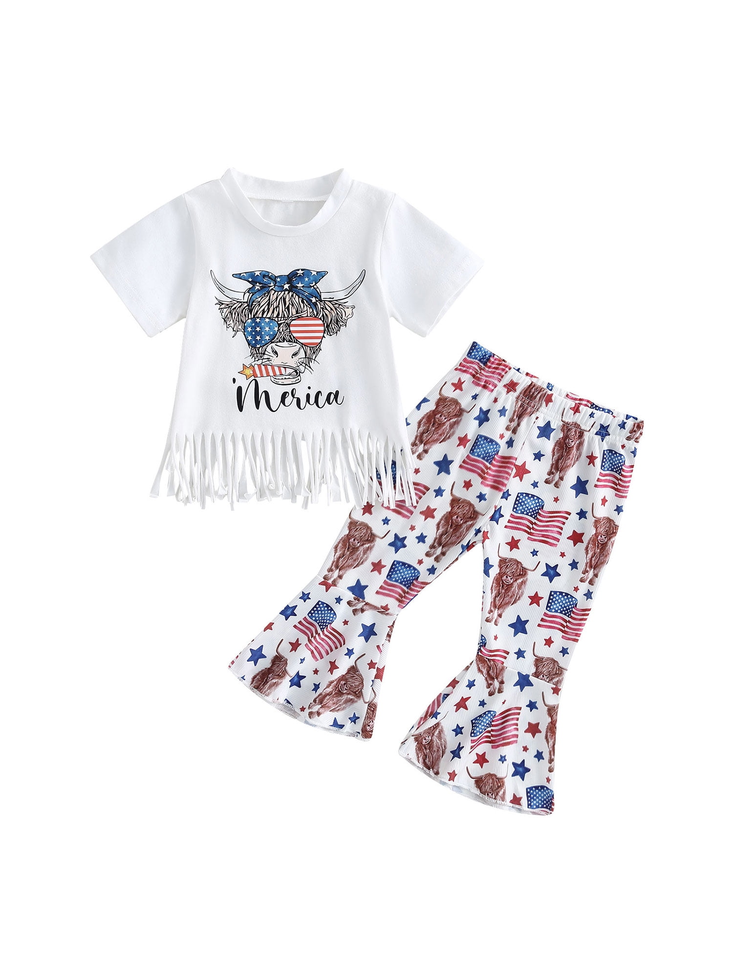 Independence Day Kids Girls Outfits Summer Bull Head Print Short Sleeve ...