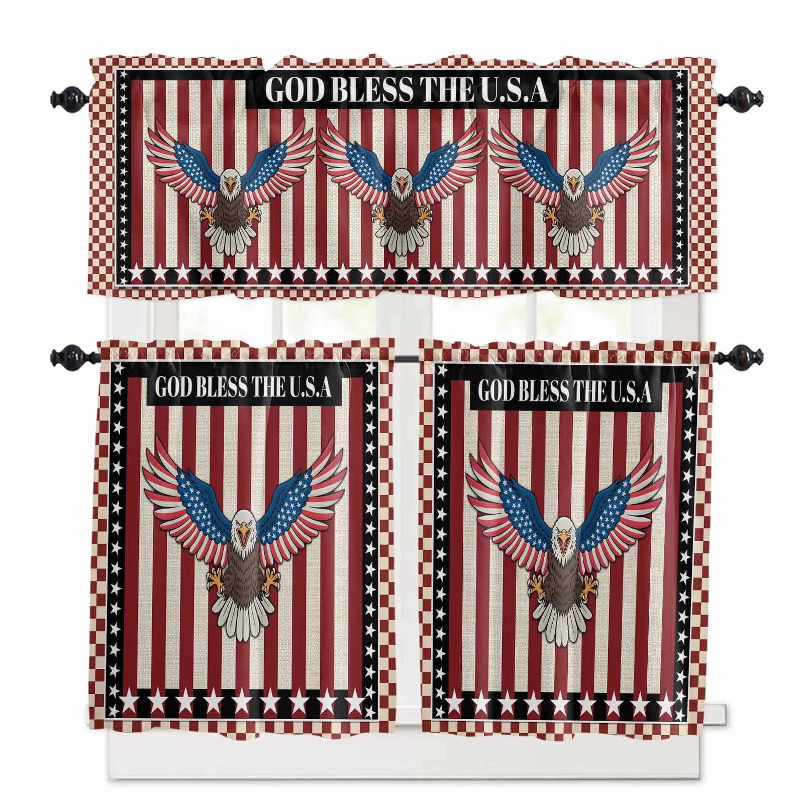Independence Day Kitchen Curtains Valances and Tiers Red Blue Bald ...