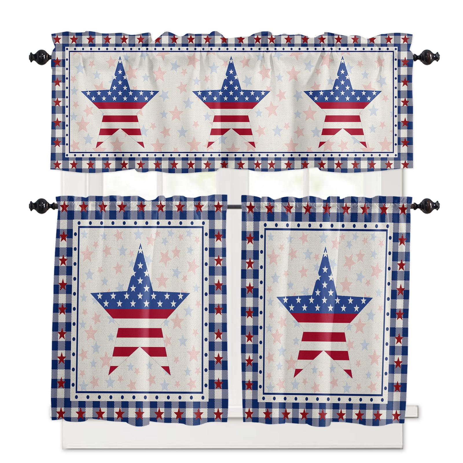 Independence Day Kitchen Curtains Valances and Tiers USA Flag Star Blue ...