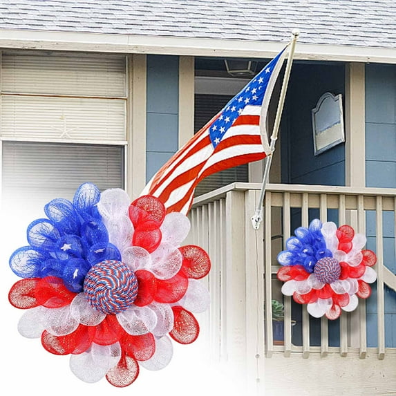 Independence Day Mesh Flower Wreath Classic Red White Blue Flower Door ...