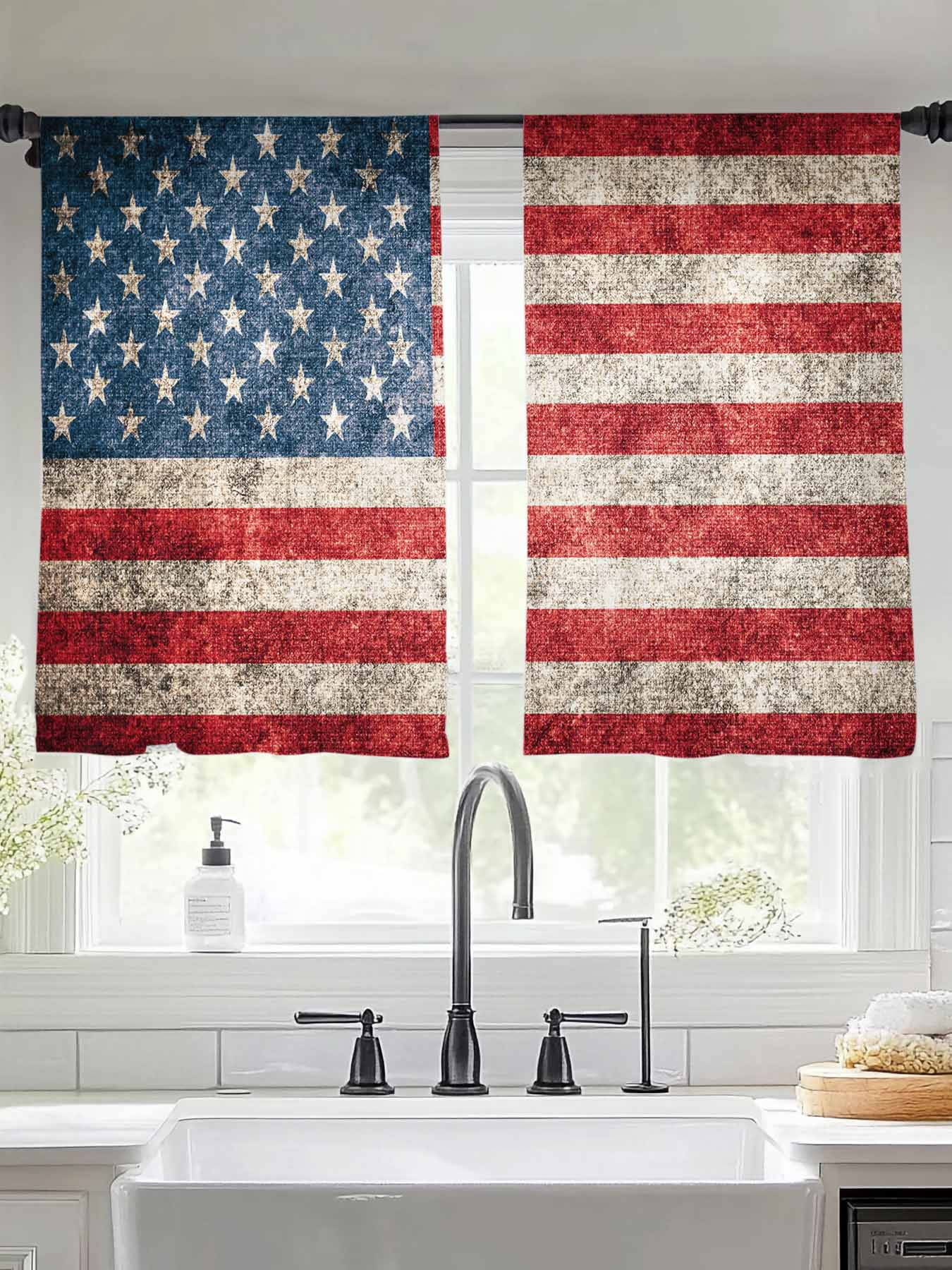 Independence Day Mottled USA Flag Chiffon Sheer Curtains 45 Inches Long ...