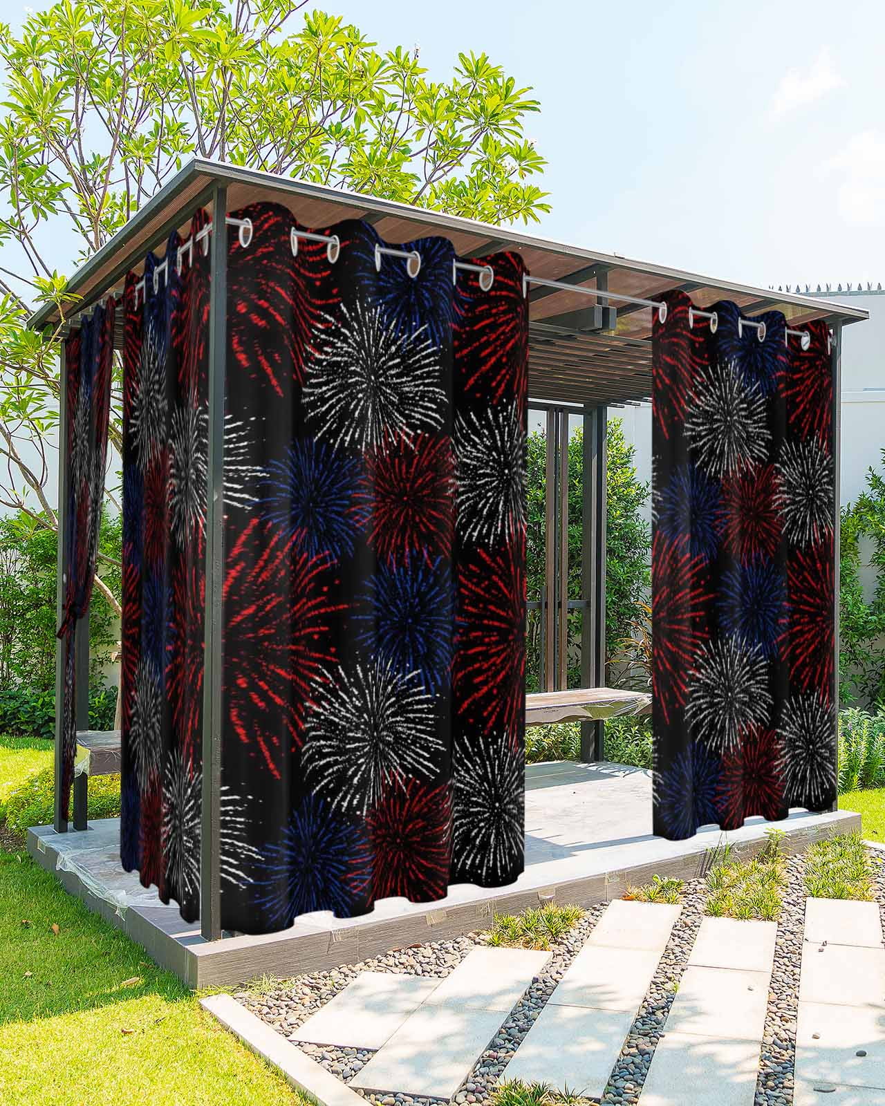 Independence Day Outdoor Curtains for Patio, Red Blue Fireworks Vintage ...