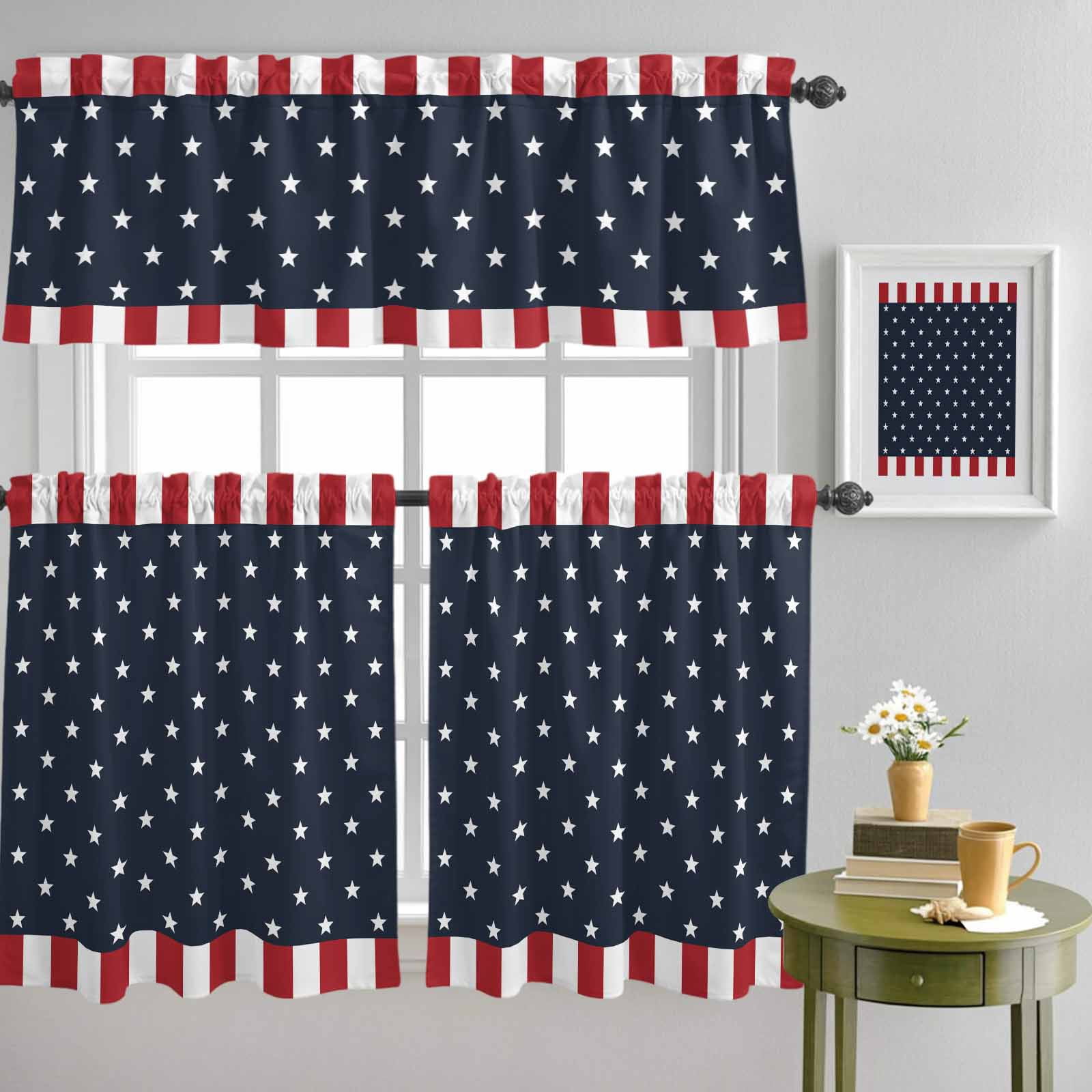 Independence Day Patriotic Stars on Blue Curtain Tier and Valance Set 3 ...