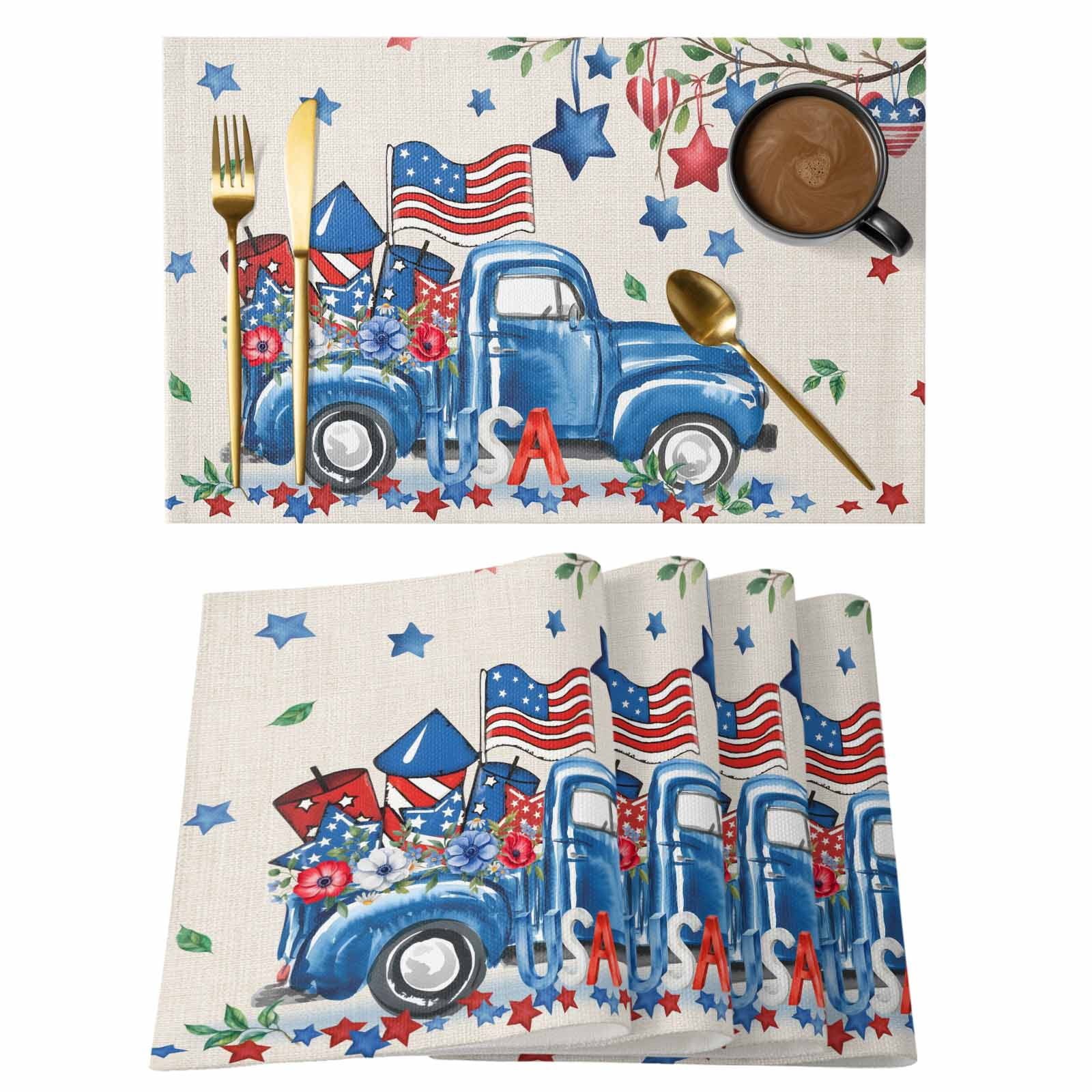 Independence Day Placemats Set of 4, Farmhouse American Flag Truck Star ...