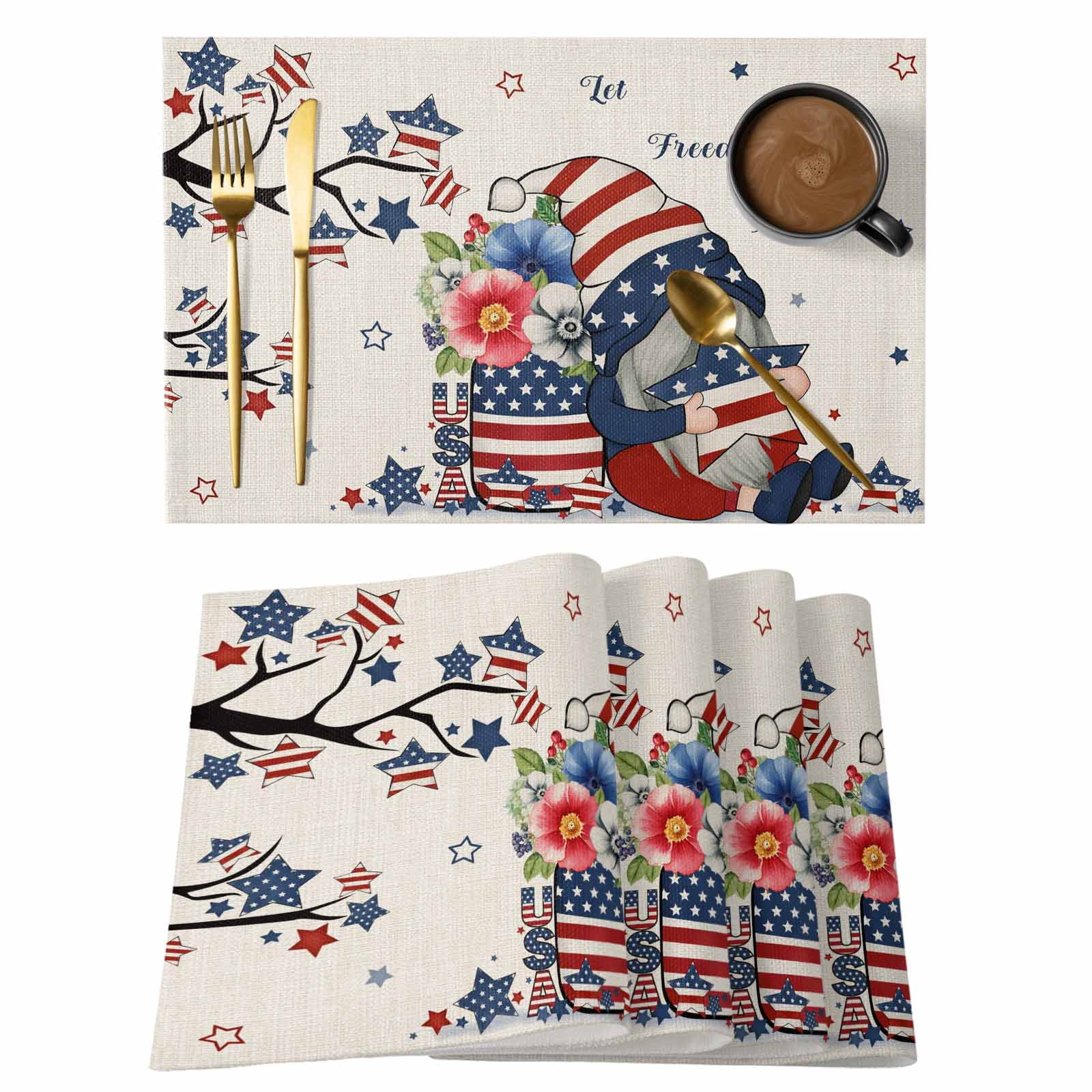 Independence Day Placemats Set of 8, Patriots Dwarfs US Flag Star Poppy ...