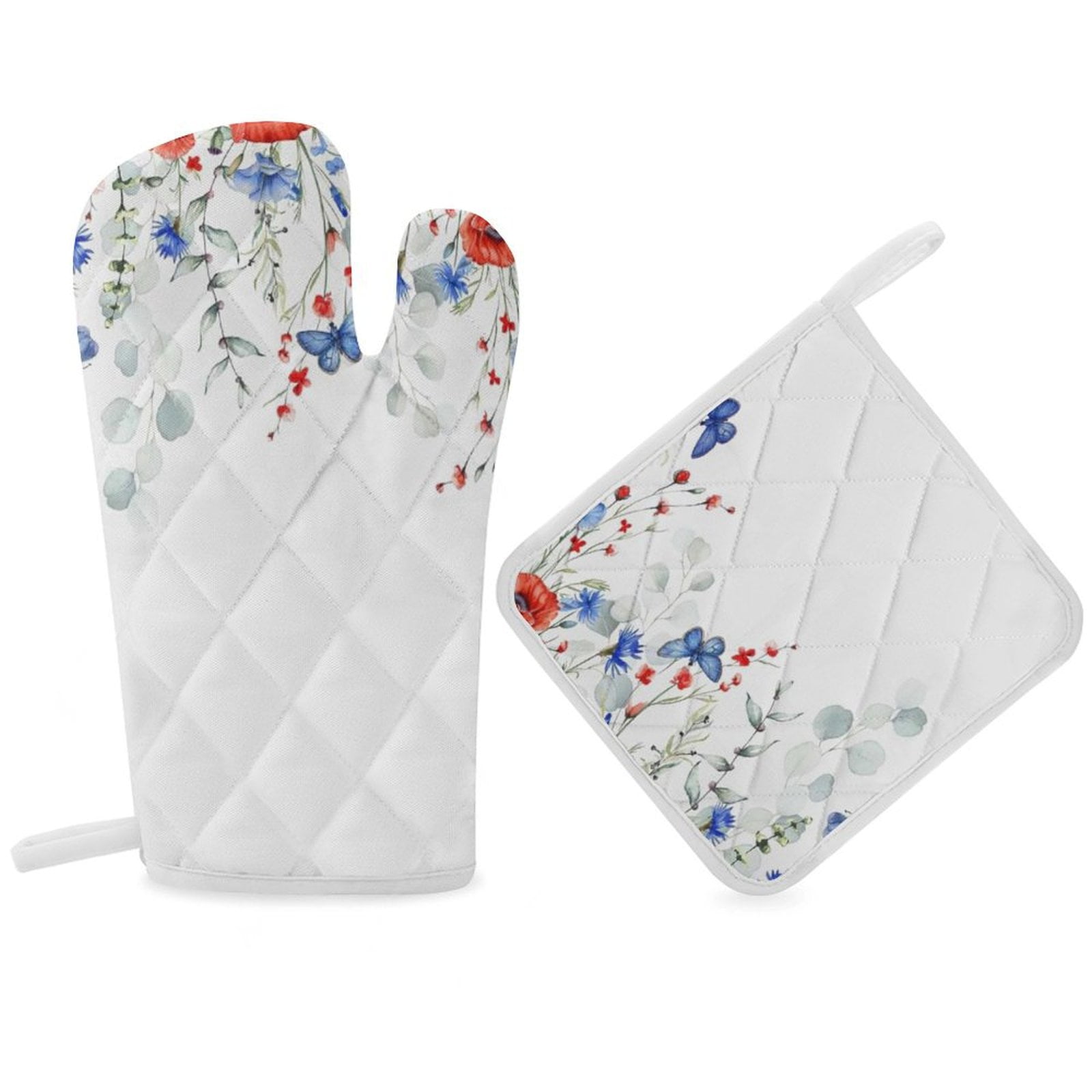 Independence Day Poppies with Eucalyptus Leaves White Oven Gloves And Pots Stand Set Oven Gloves ...