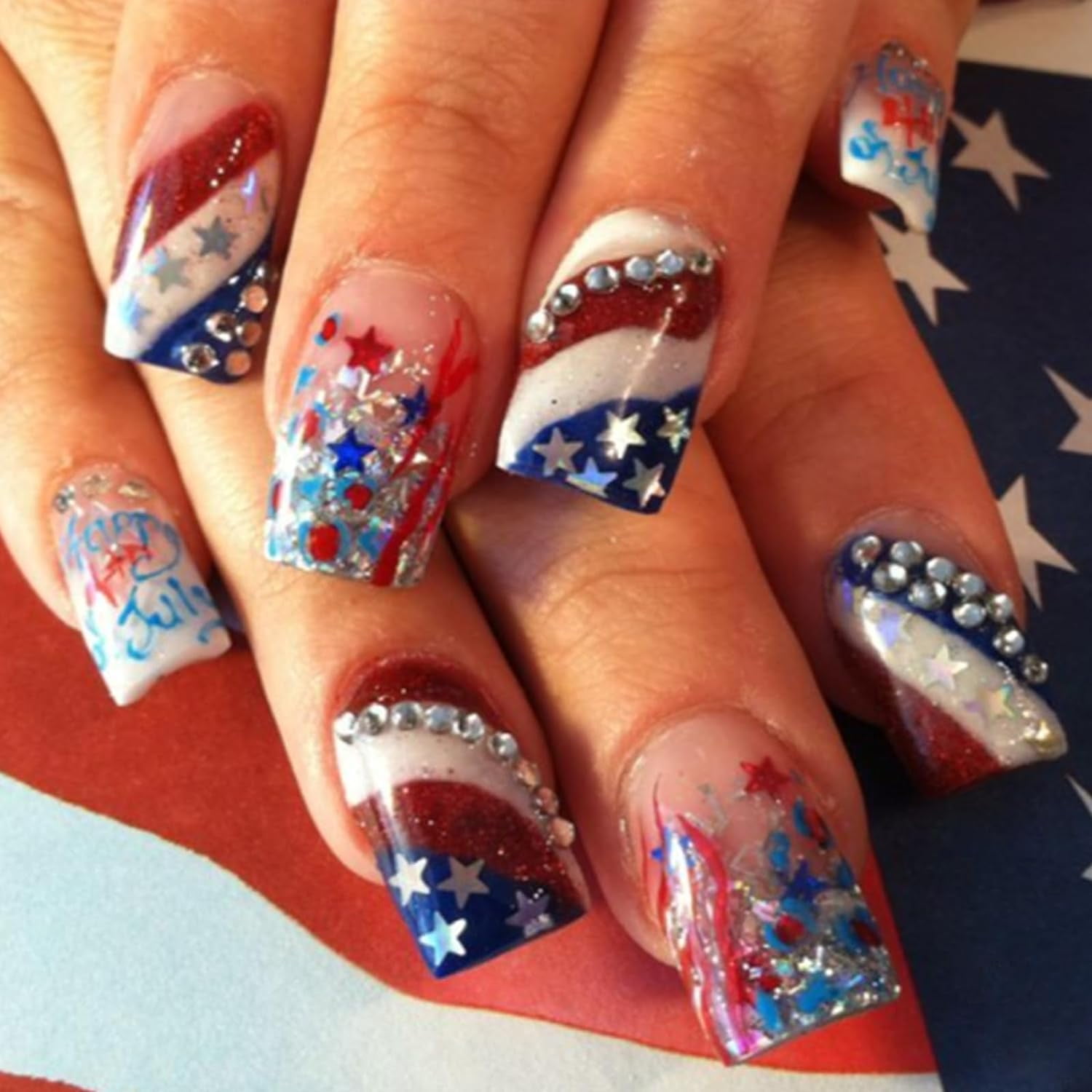 Independence Day Press on Nails with American Flag Design, Glossy Fourth of July False Nails Gel ...