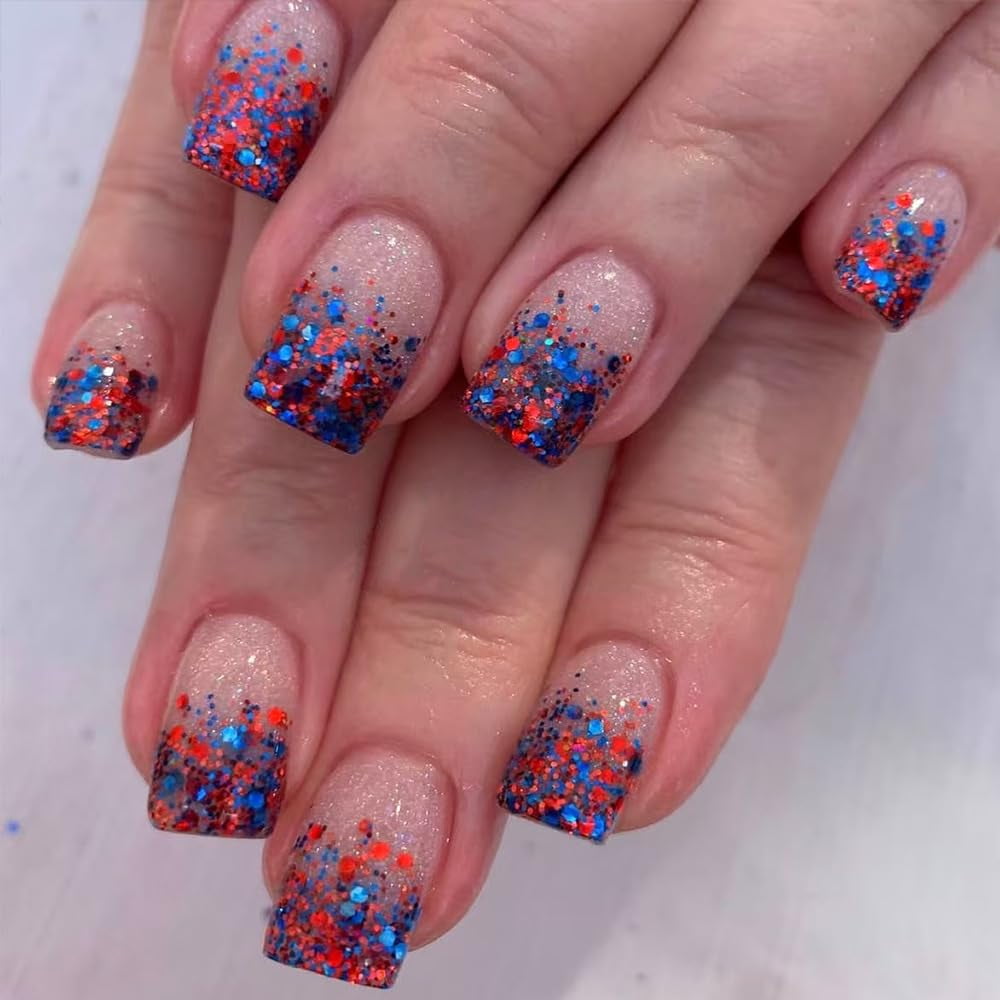 Independence Day Press on Nails Short Square Fake Nails French Tip ...