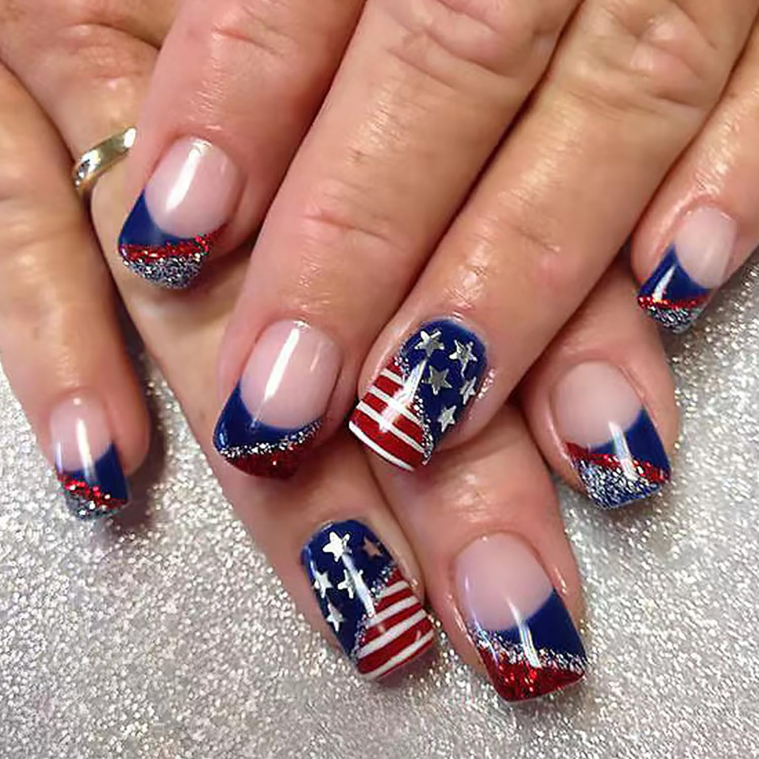 Independence Day Press on Nails Short Square HNAPA French Fake Nails ...