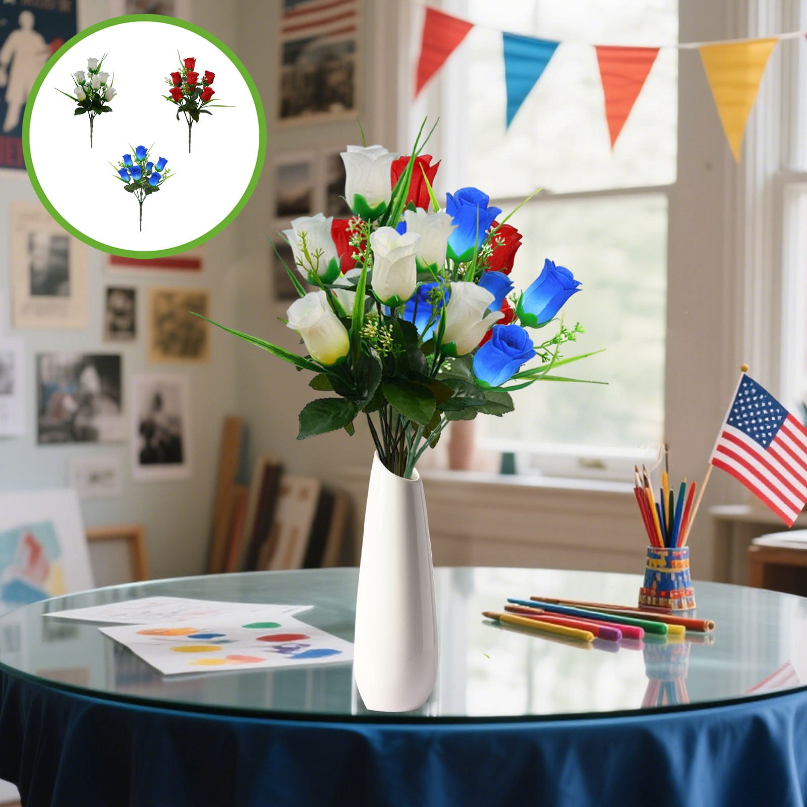 Independence Day Red White Blue Simulated 7 Head Rose Simulated Silk ...