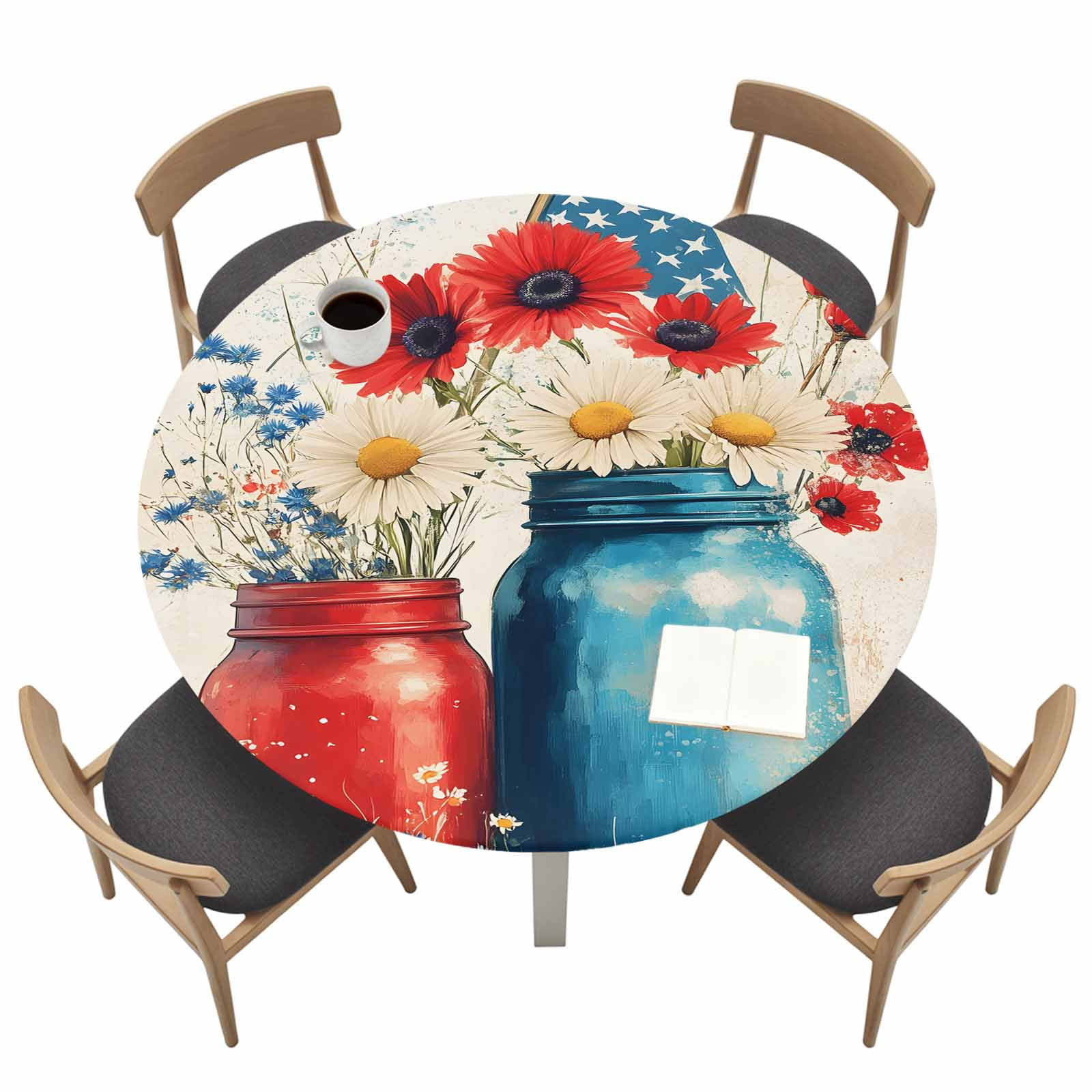 Independence Day Round Fitted Tablecloth with Elastic Edge Red Blue ...