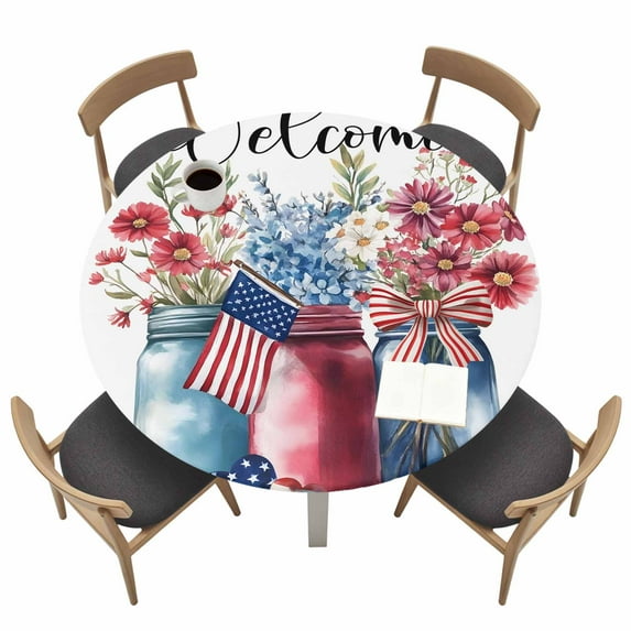 Independence Day Round Fitted Tablecloth with Elastic Edge Red and Blue ...