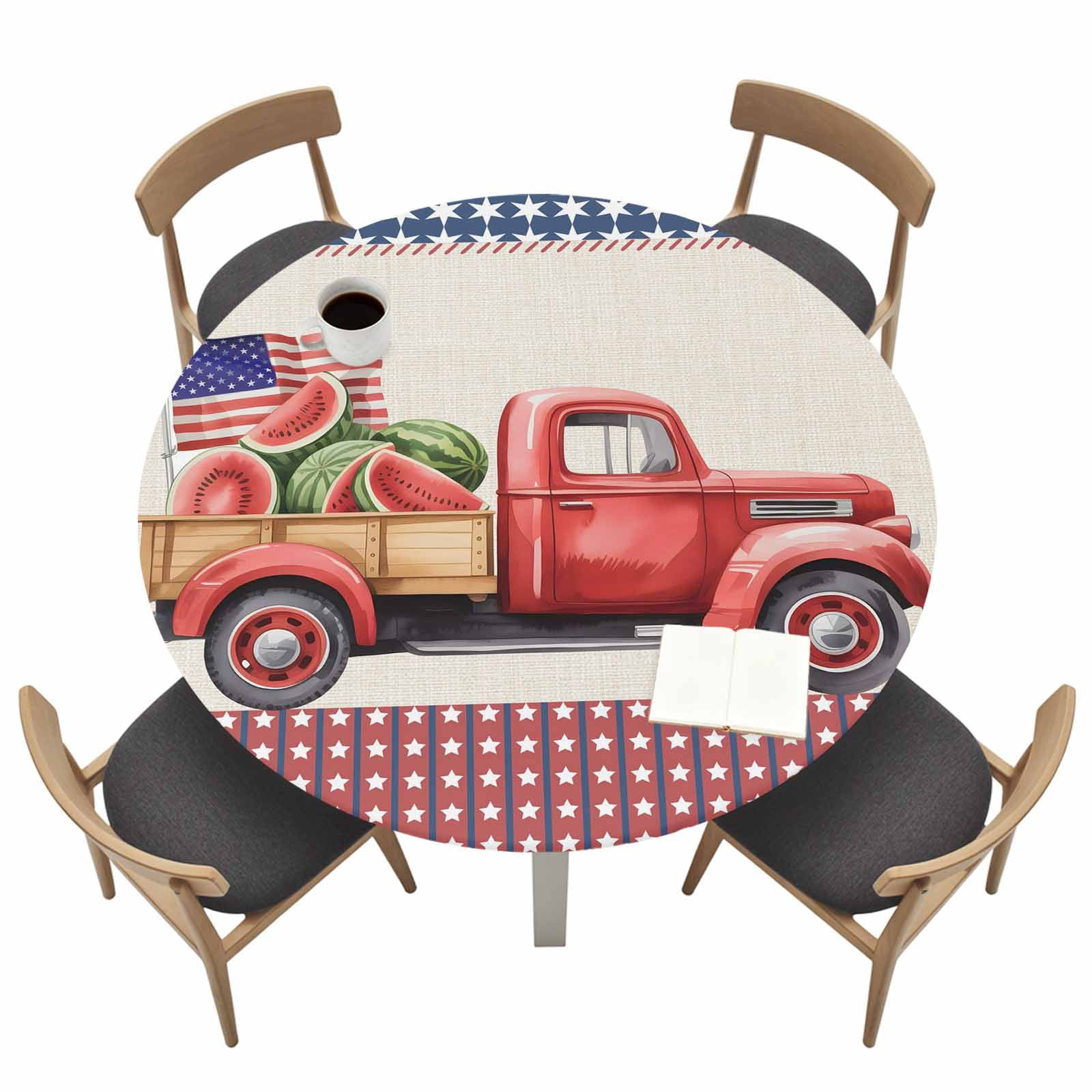 Independence Day Round Fitted Tablecloth with Elastic Edge Red Trucks U ...