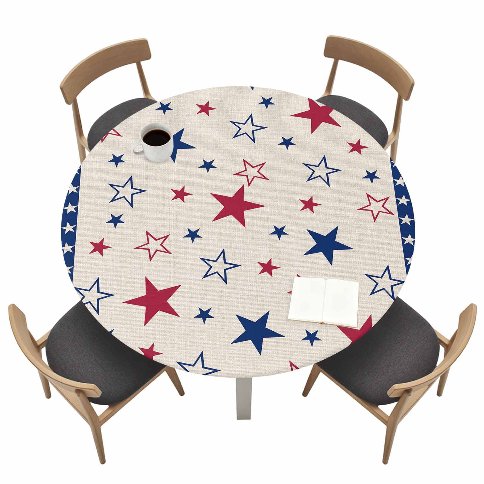 Independence Day Round Fitted Tablecloth with Elastic Edge Stars Blue ...