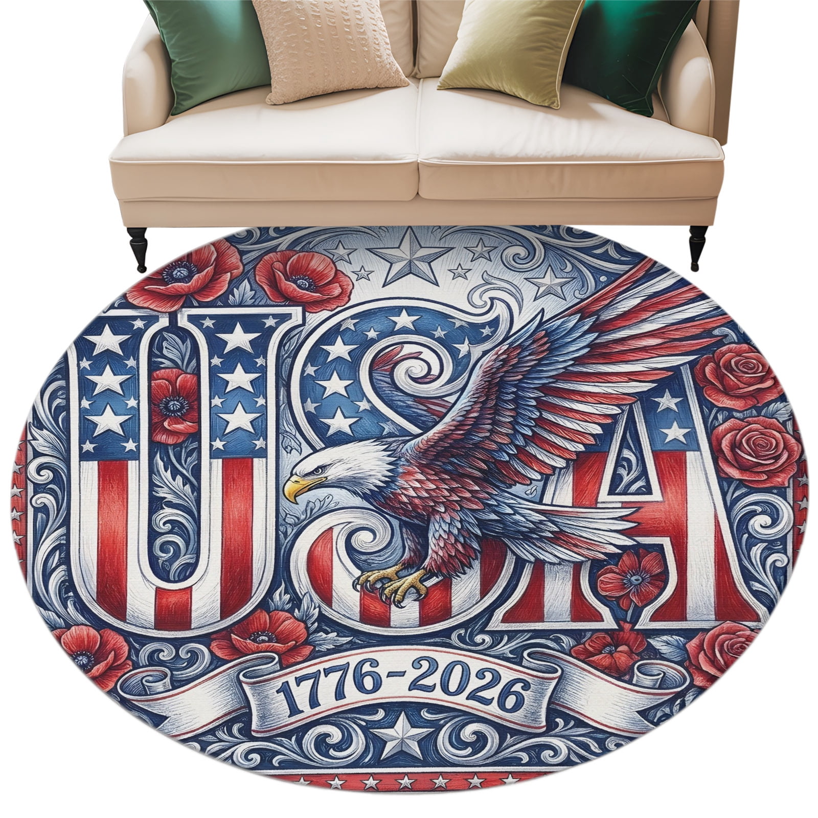 Independence Day Round Rug 7ft Washable Circle Rugs Non Slip American ...