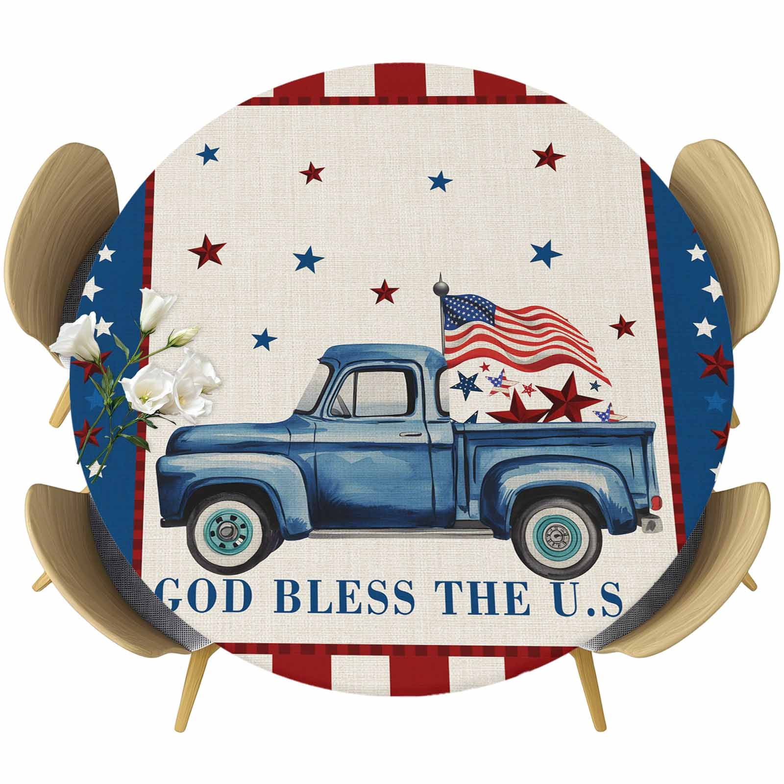 Independence Day Round Tablecloth, Fitted Table Cover with Elastic for ...
