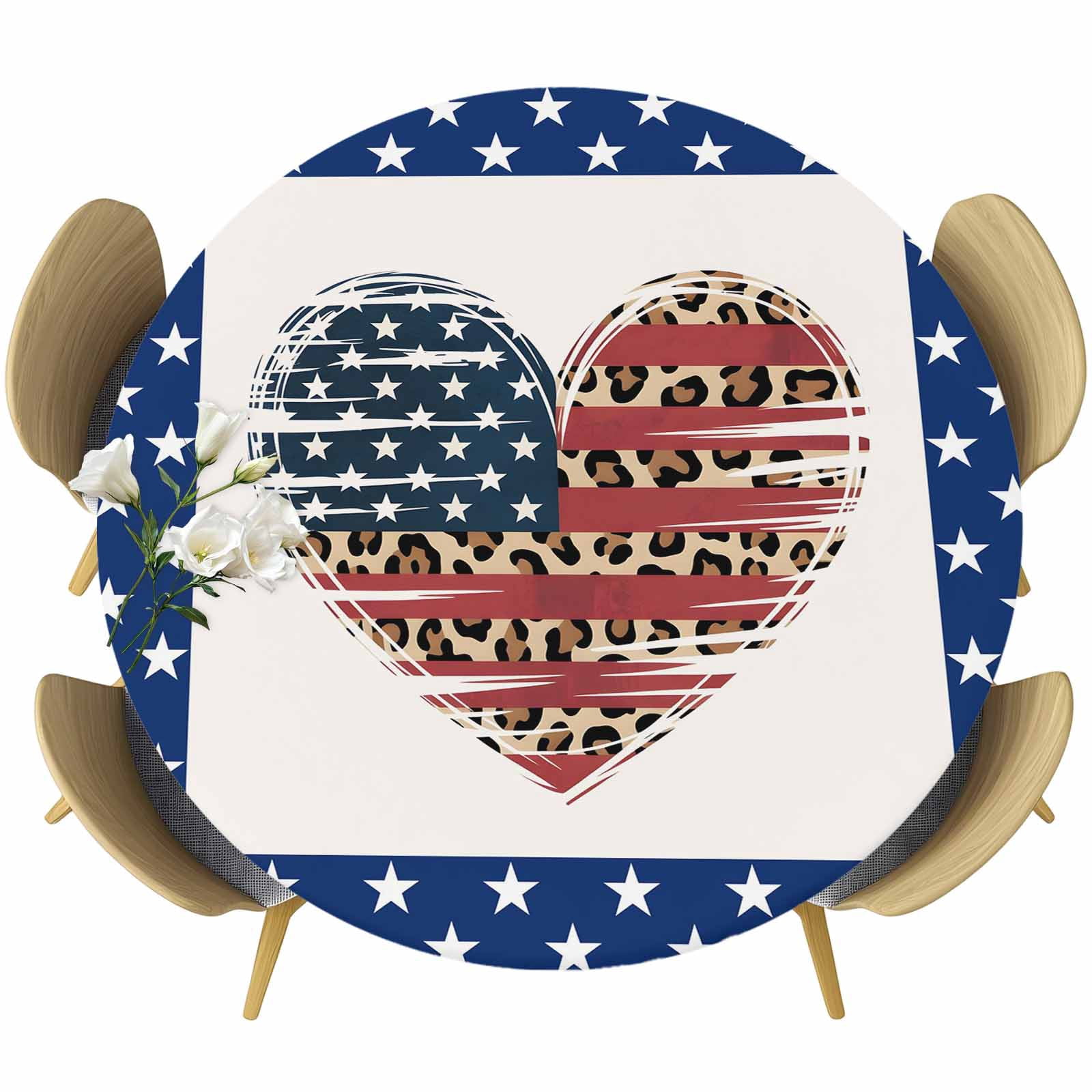 Independence Day Round Tablecloth, Fitted Table Cover with Elastic for ...