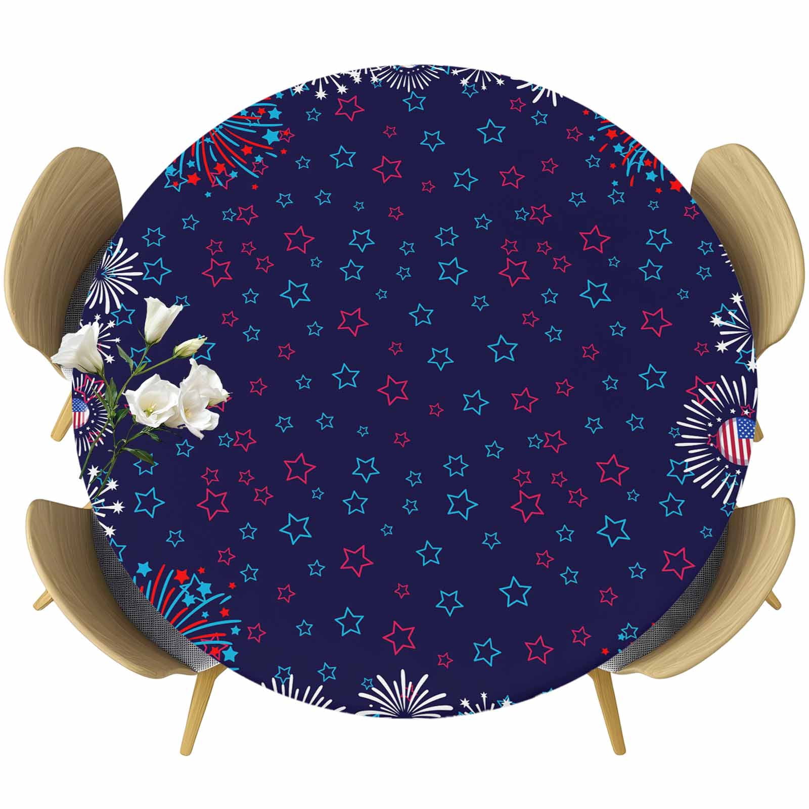 Independence Day Round Tablecloth, Fitted Table Cover with Elastic for ...