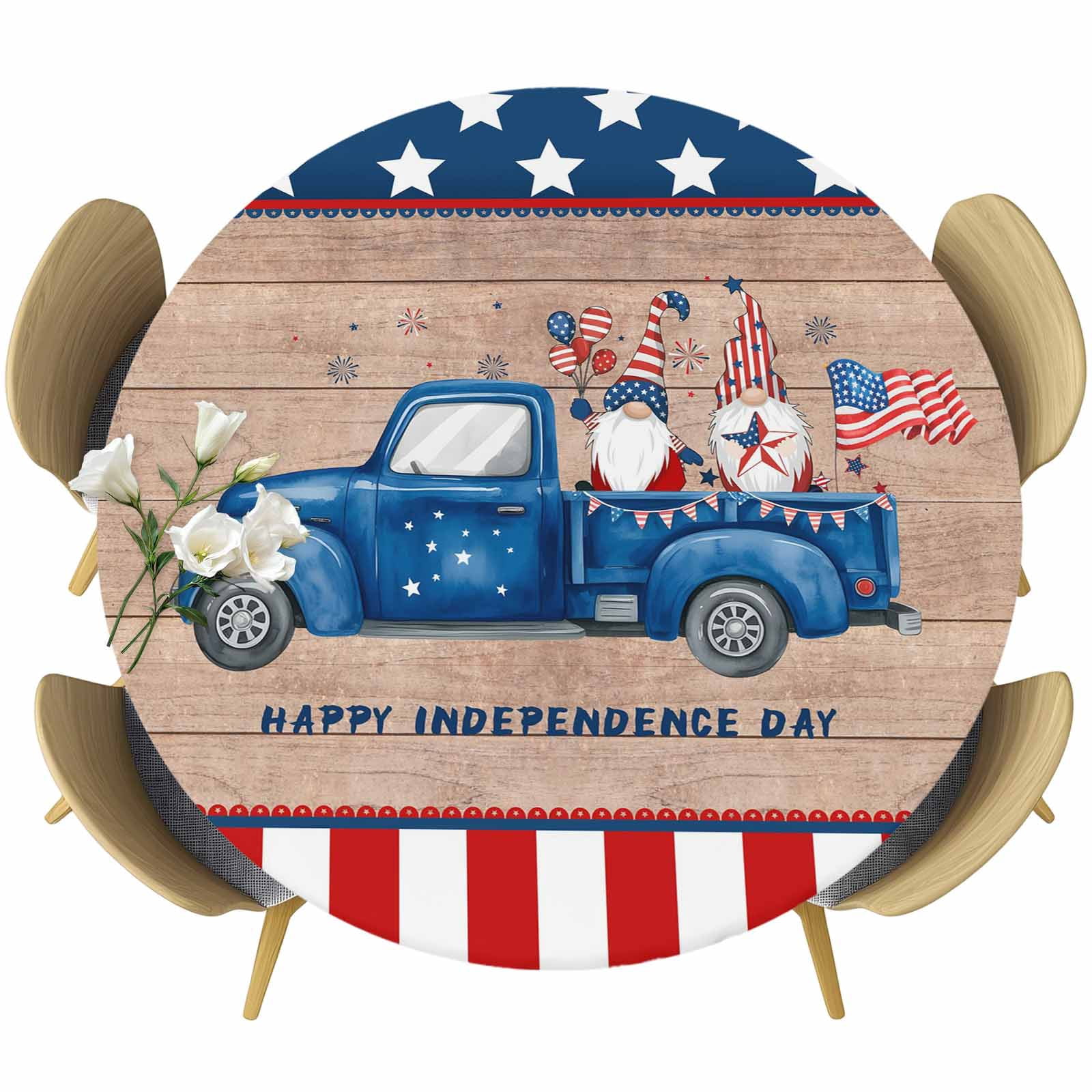 Independence Day Round Tablecloth, Fitted Table Cover with Elastic for ...
