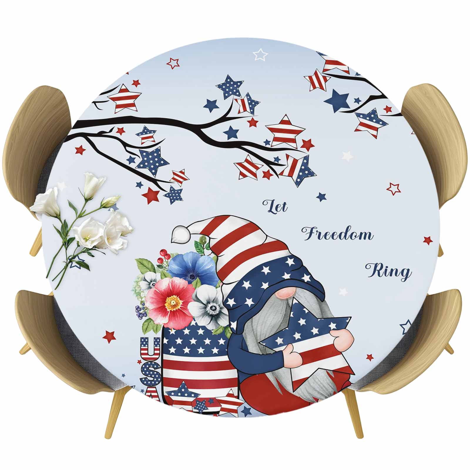 Independence Day Round Tablecloth, Fitted Table Cover with Elastic for ...